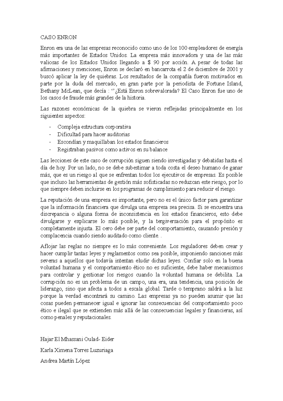 CASO Enron - CASO ENRON Enron era una de las empresas reconocido como ...