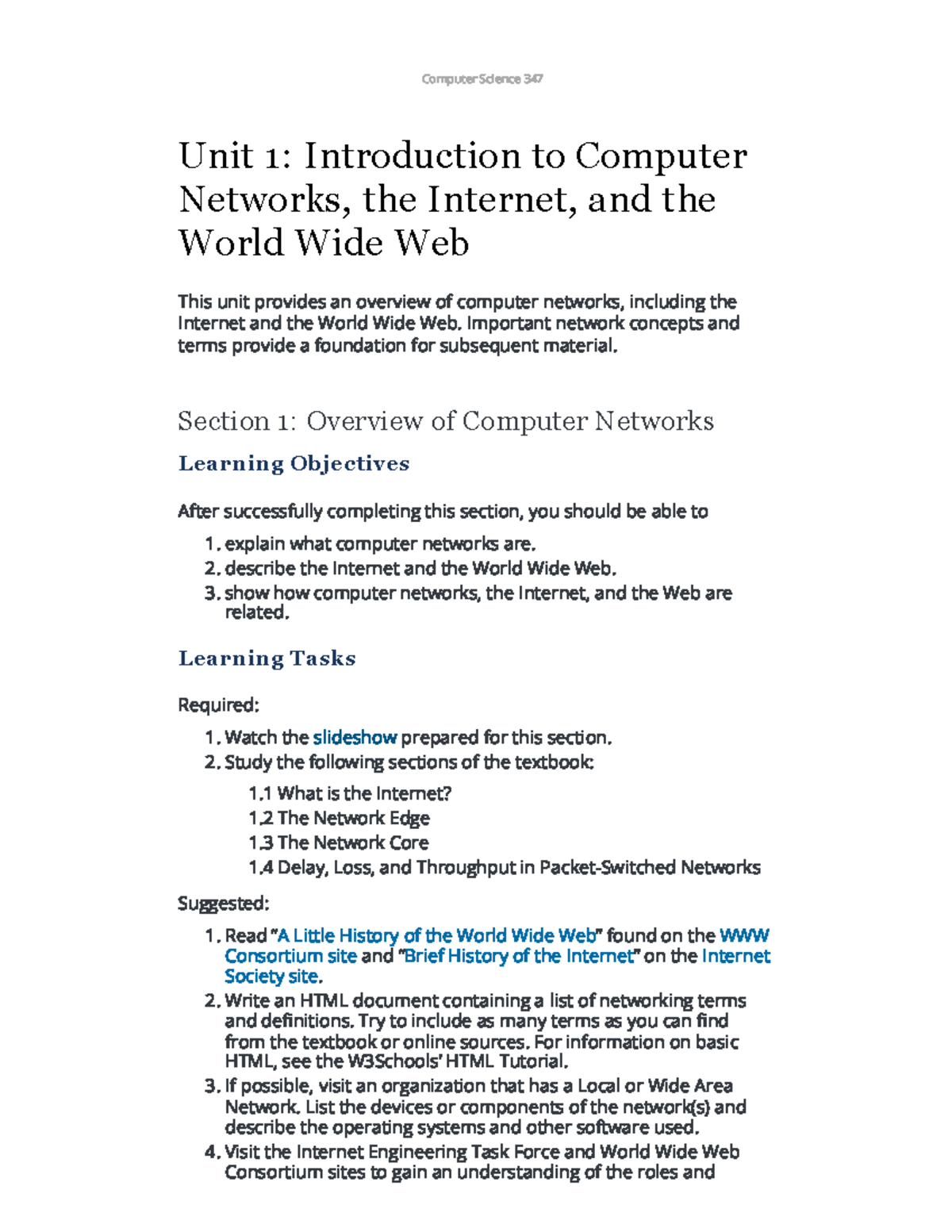 COMP 347 - Study Guide Unit 1 - Unit 1: Introduction to Computer Networks, the Internet, and the ...