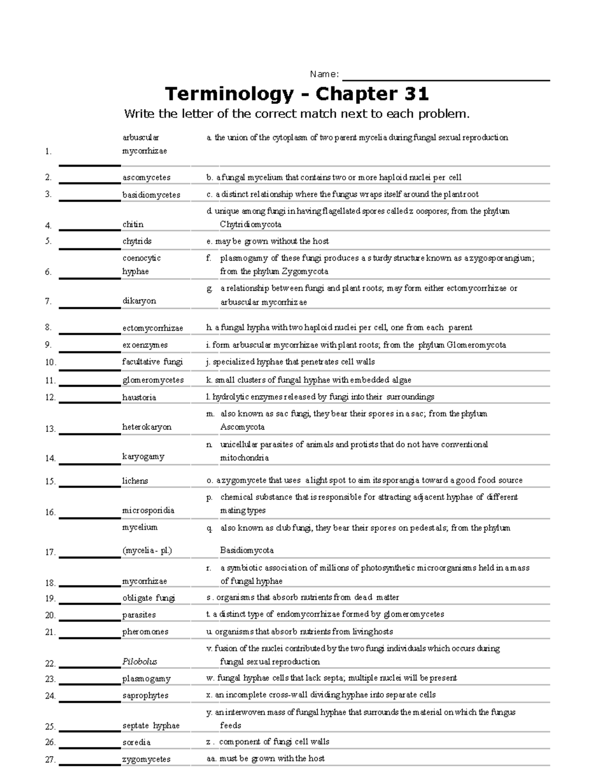 BIO Terminology Chapter 31 - Name: Terminology - Chapter 31 Write the ...