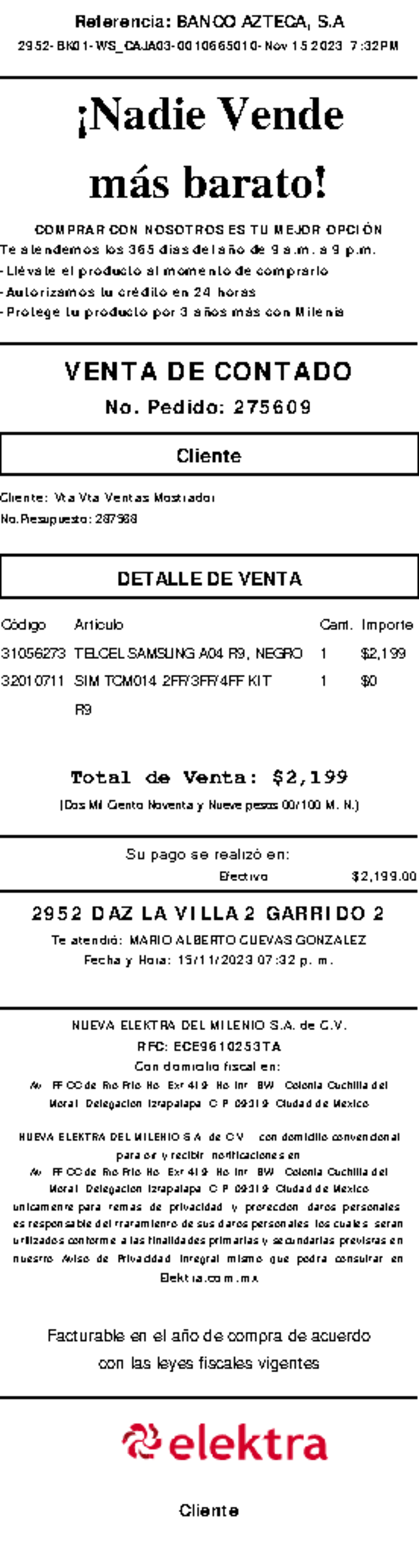 Ticket Comprobante DE PAGO Contado-275609 - Referencia: BANCO AZTECA, S ...