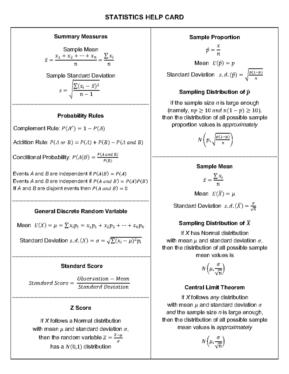 Statistics formulas - STATISTICS HELP CARD Summary Measures Sample Mean ...
