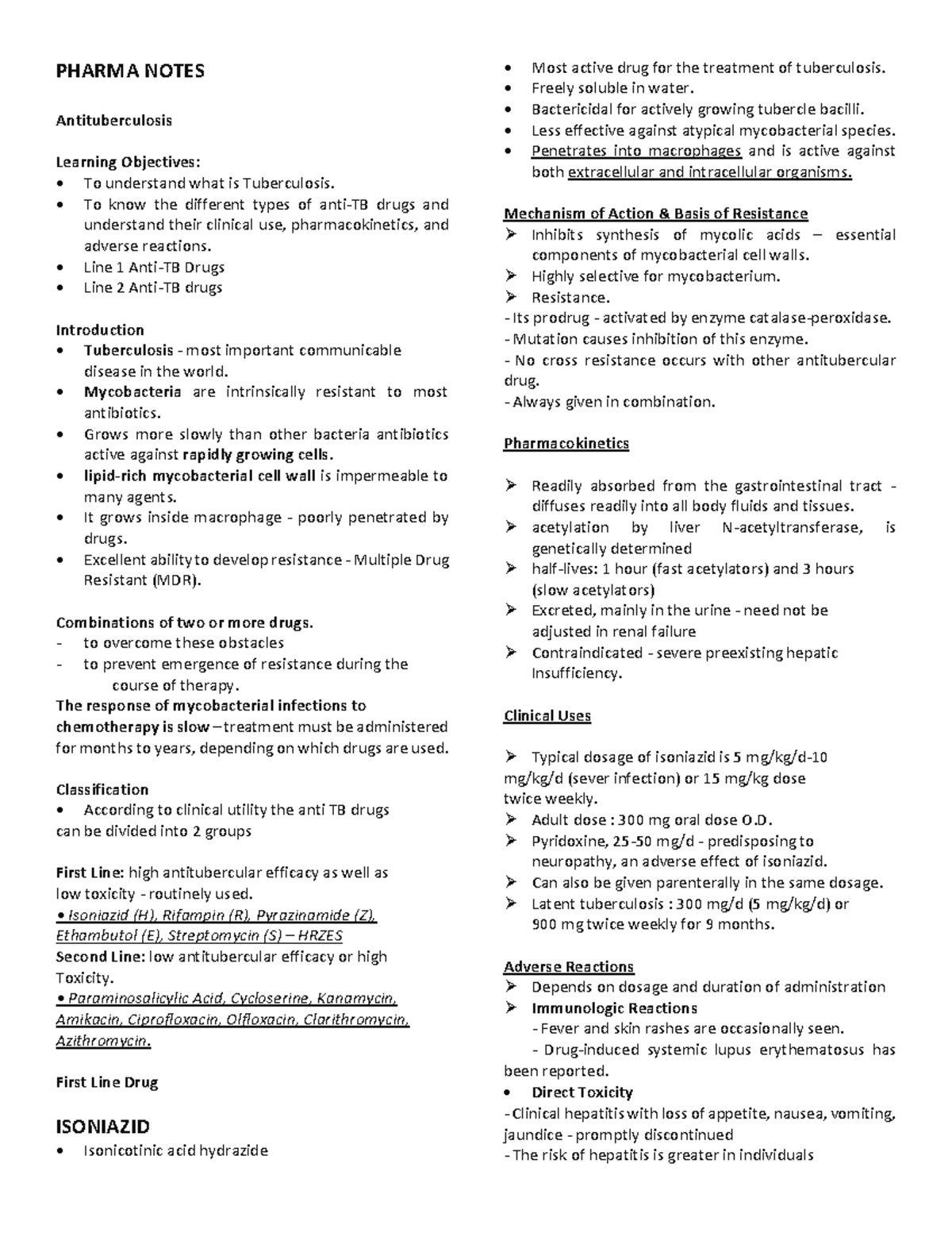 Pharma Notes - PHARMA NOTES Antituberculosis Learning Objectives: To ...
