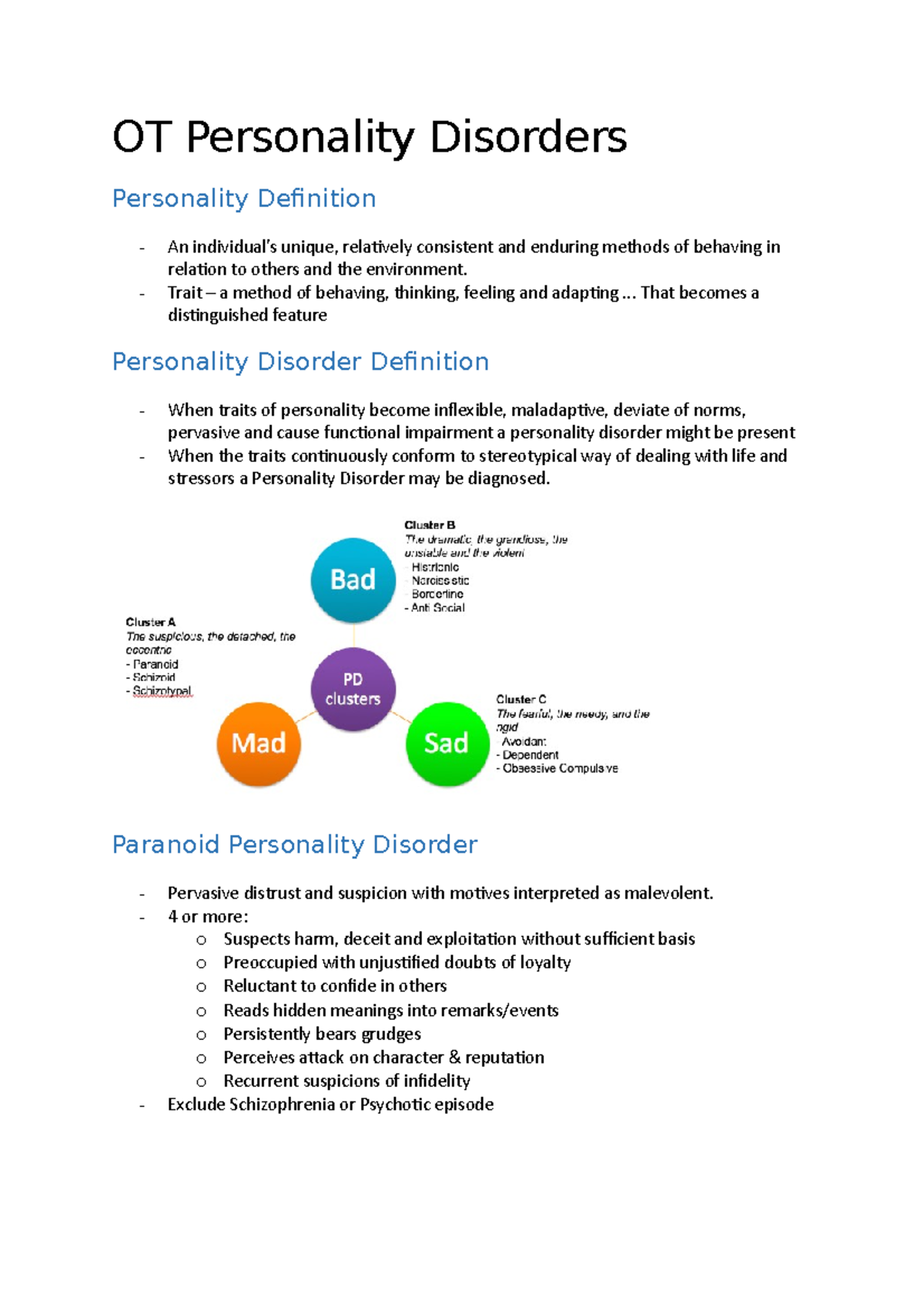 OT Personality Disorders Summary Notes - OT Personality Disorders ...
