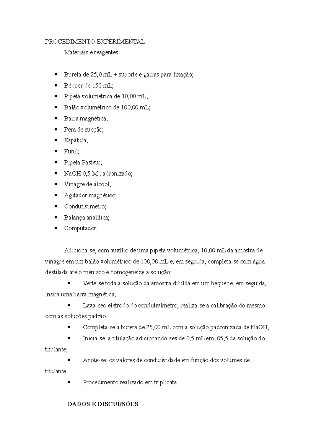 Procedimento Experimenta 1 - PROCEDIMENTO EXPERIMENTAL Materiais e ...