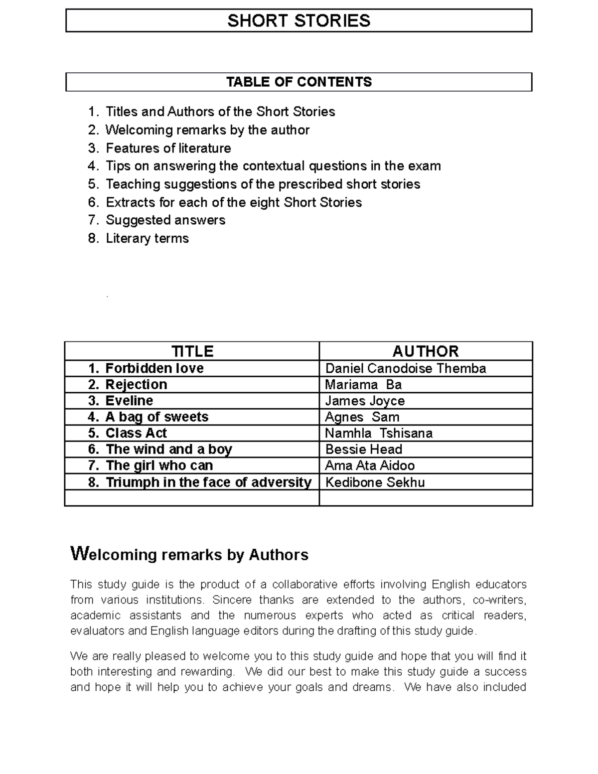 2023 Study Guide Short Stories THE END - SHORT STORIES TABLE OF ...