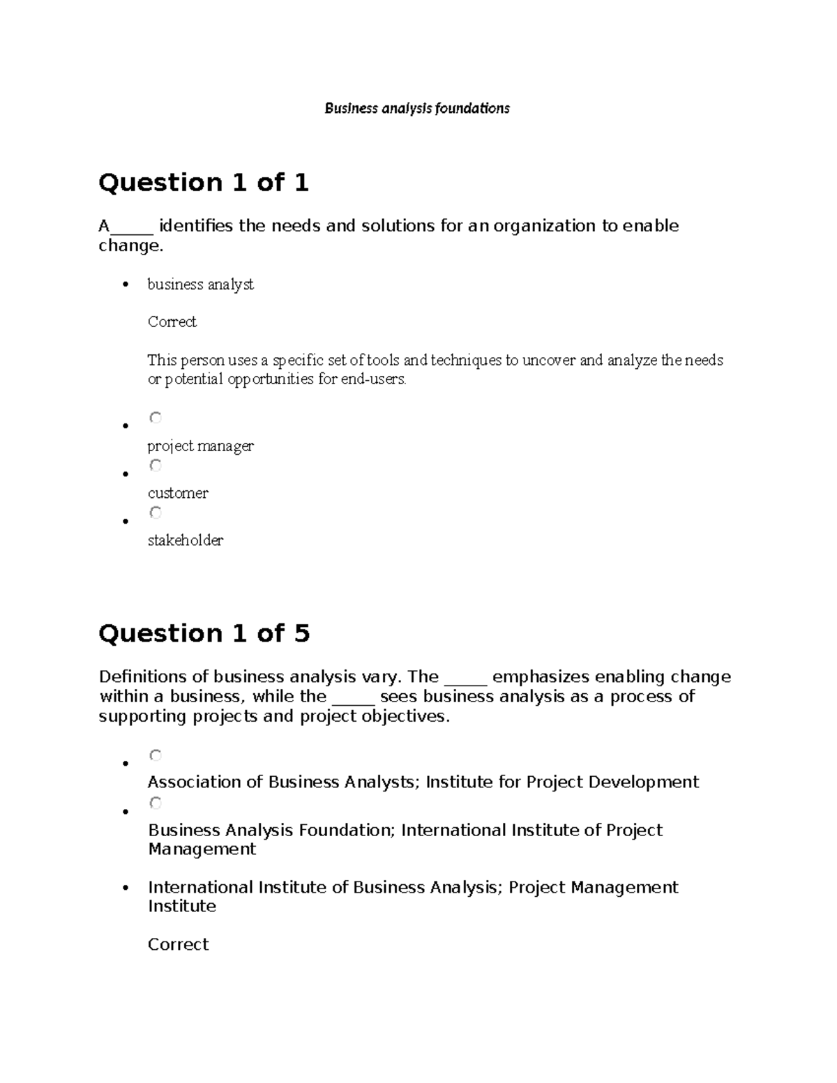 Business analysis foundations - Business analysis foundations Question ...