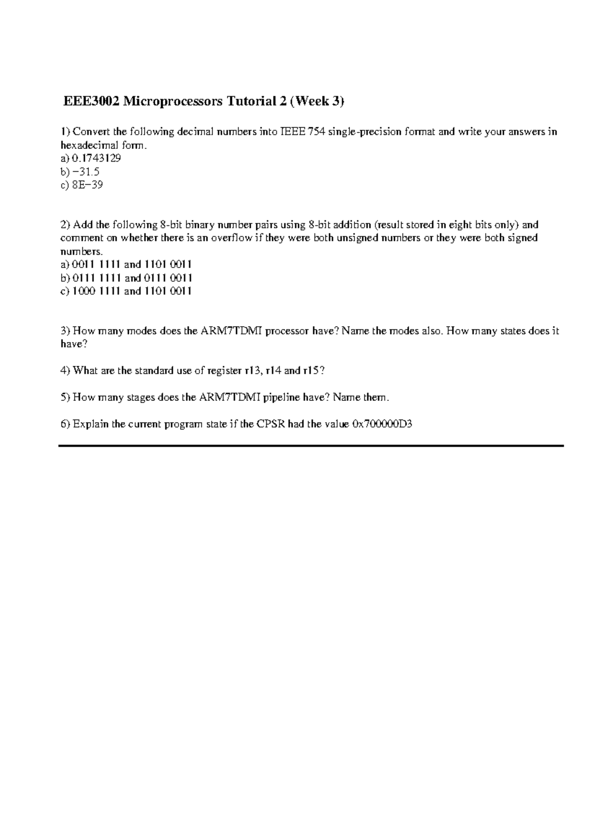 EE3002 Microprocessors Tut 2 - EEE3002 Microprocessors Tutorial 2 (Week 3) Convert the following ...