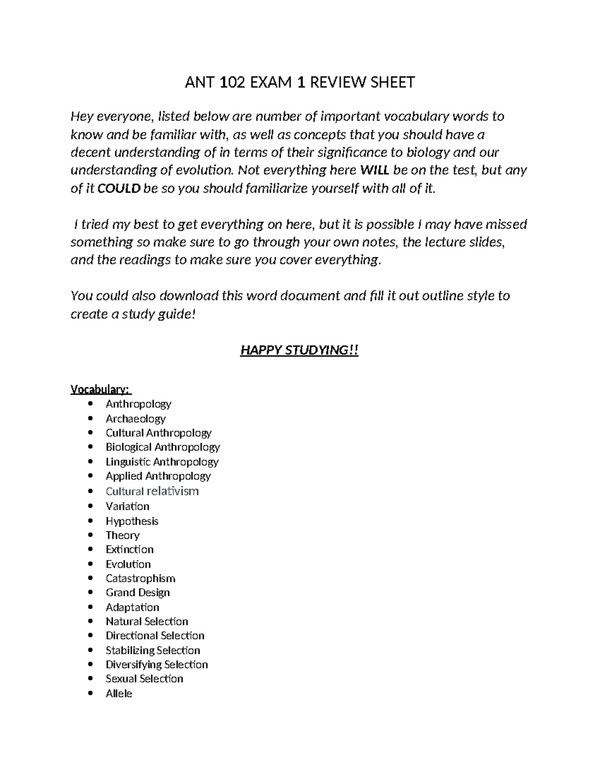 ANT 102 EXAM 1 Review Sheet - ANT 102 EXAM 1 REVIEW SHEET Hey everyone, listed below are number ...