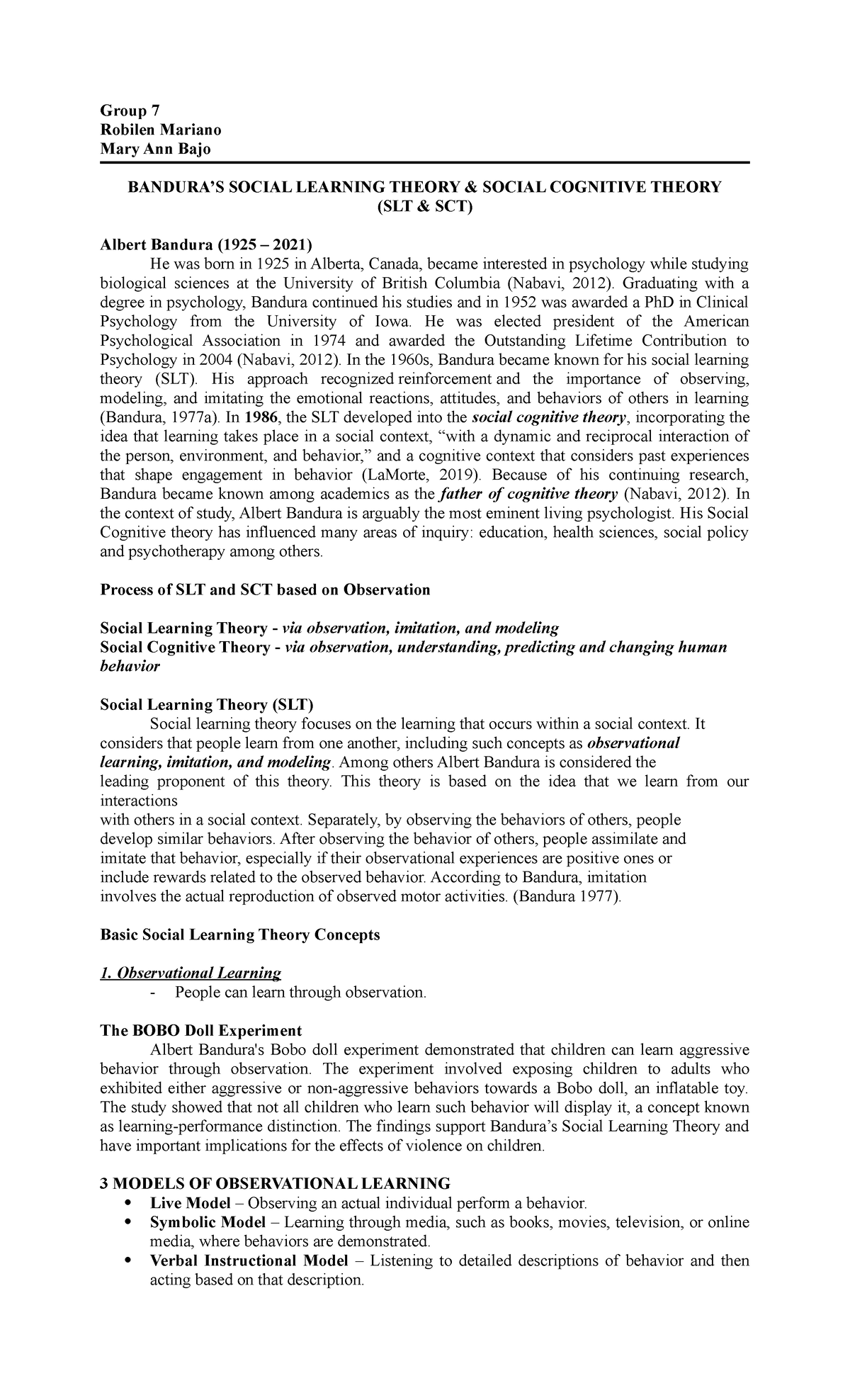 Banduras Social Learning Theory GRP7 - Group 7 Robilen Mariano Mary Ann ...