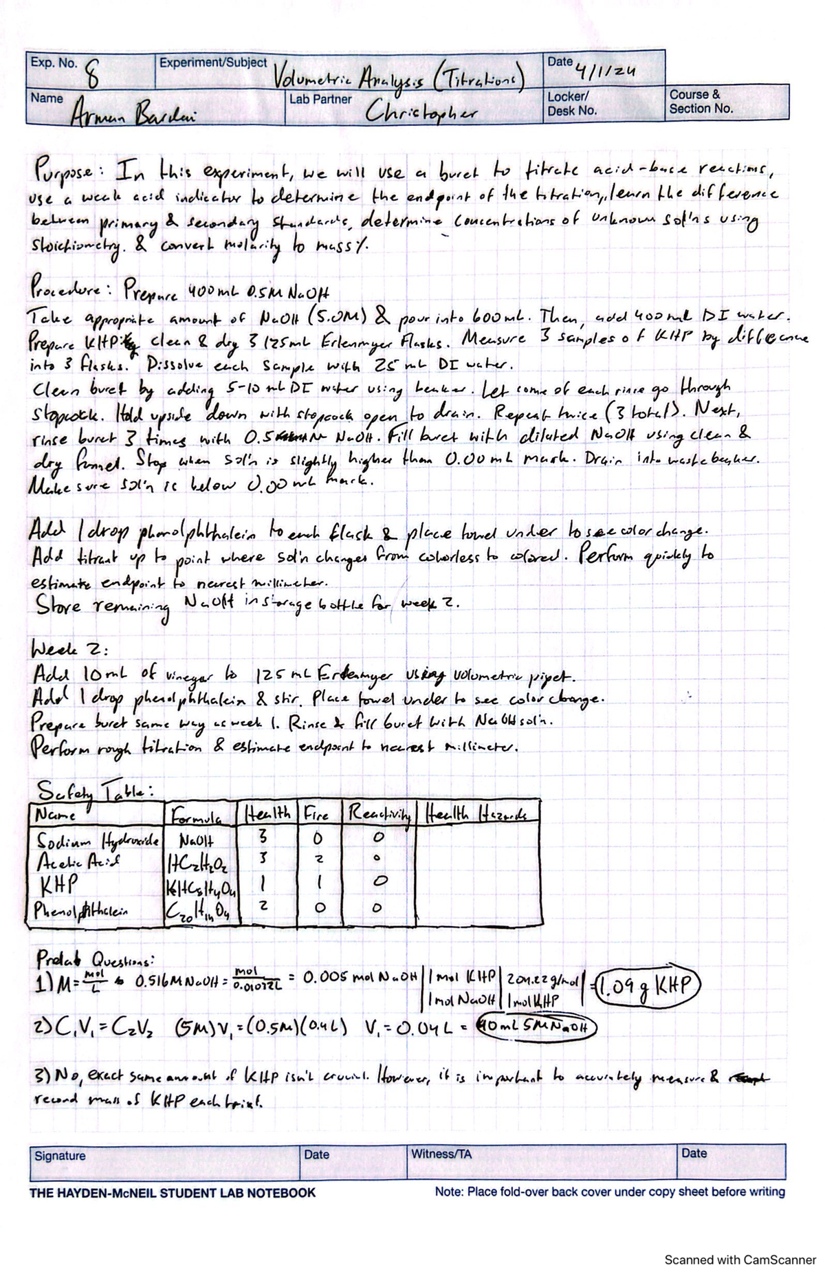 Expt 8 Prelab - Exp. No. 8 Date Volumetric Analysis (Titrations) Lab ...