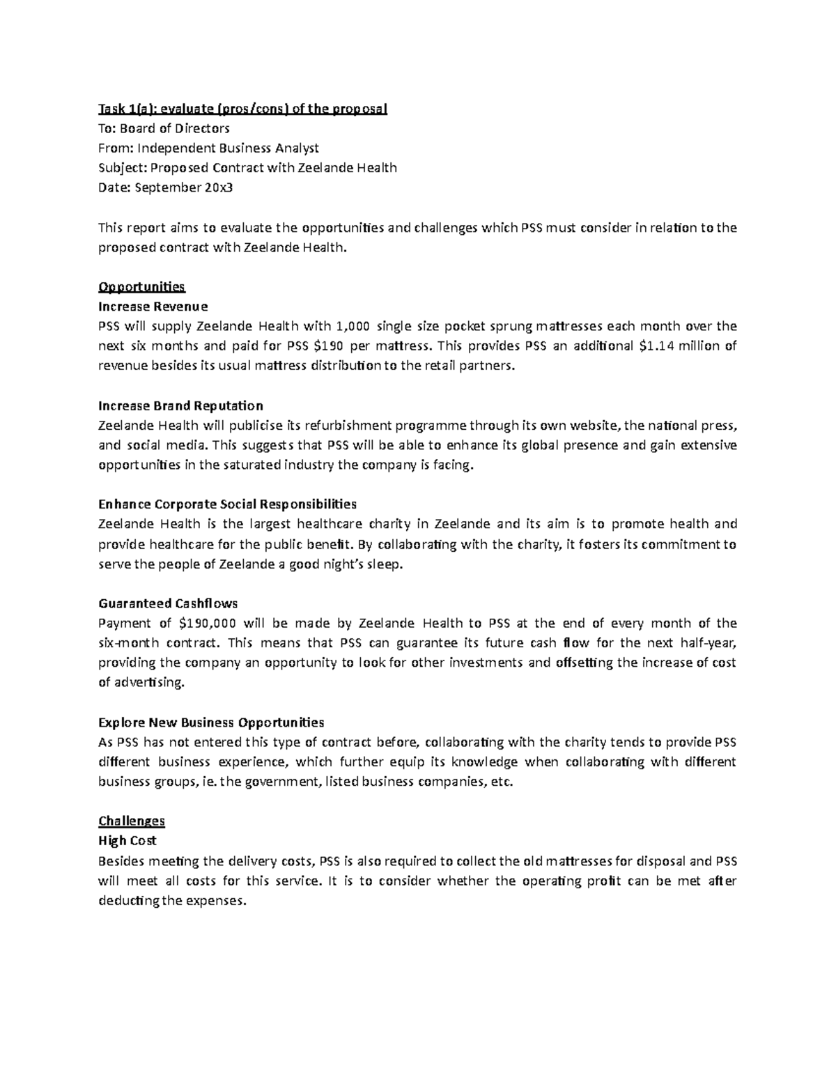 ACCA Sept'23 Specimen - PSS - Task 1(a): evaluate (pros/cons) of the ...