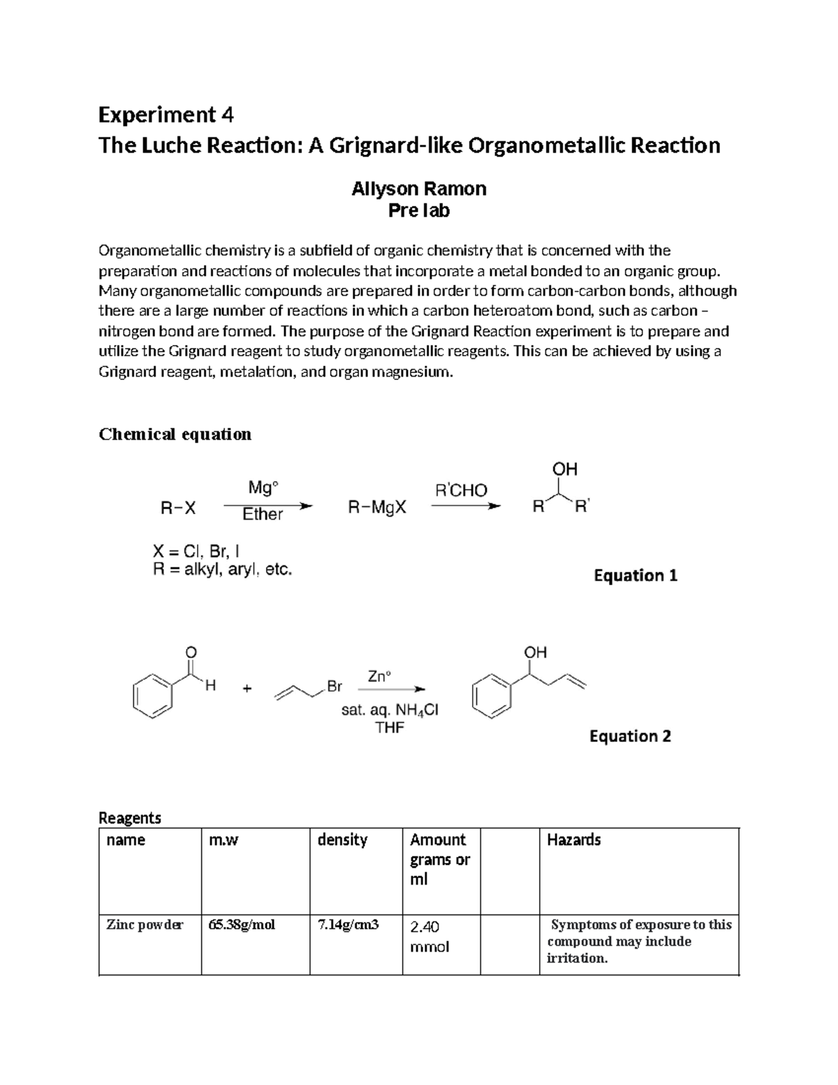 Experiment 4 - Many organometallic compounds are prepared in order to ...