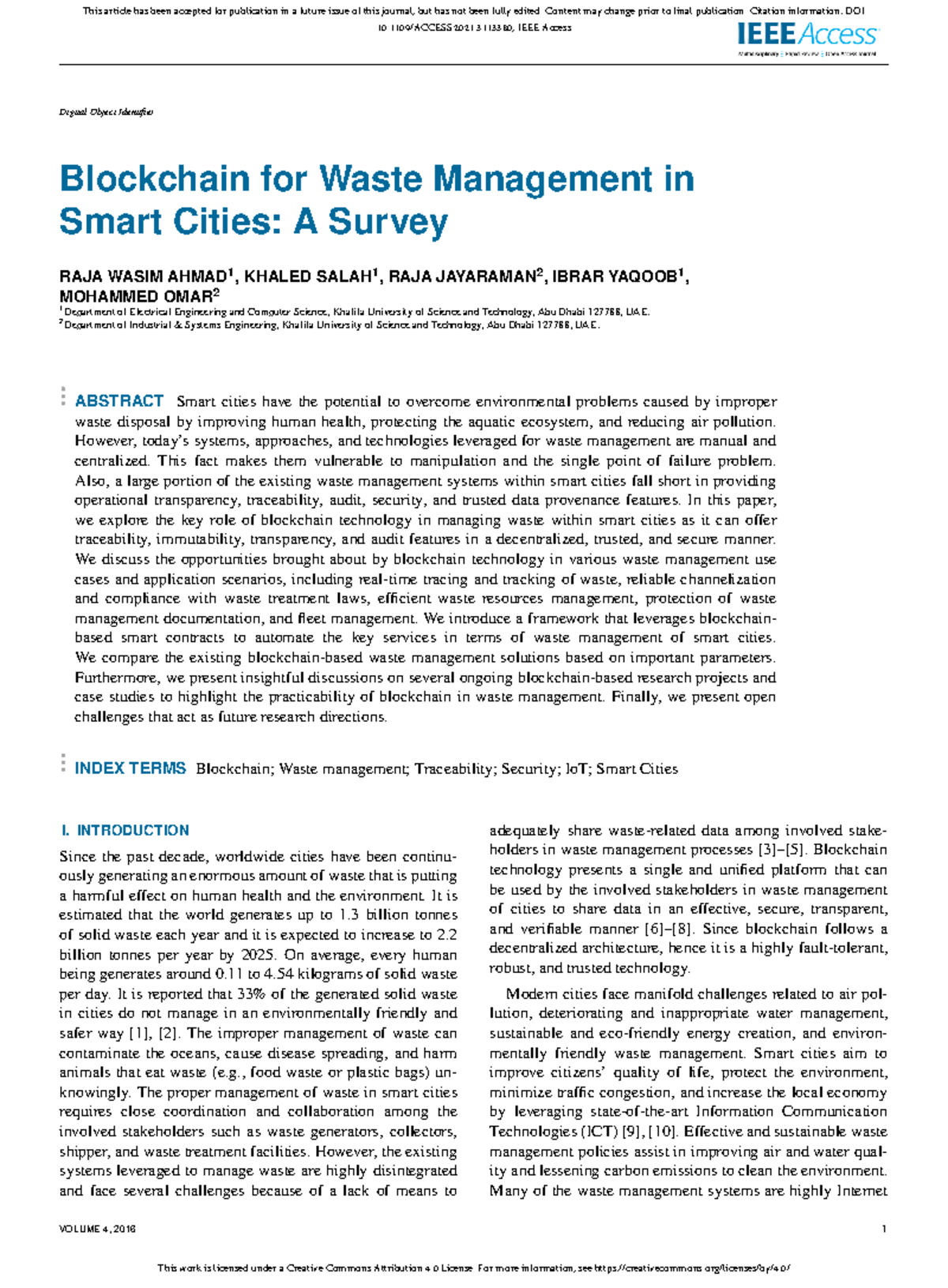 Blockchain for Waste Management in Smart Cities A - 10.1109/ACCESS.2021 ...