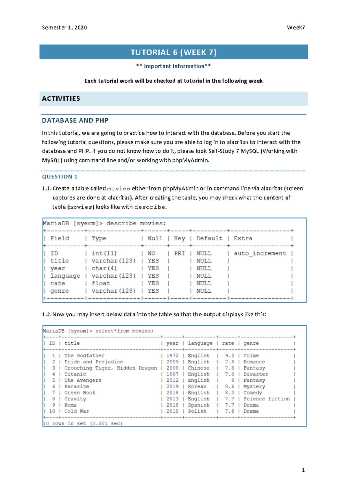 Tute06 Database - KIT502 - TUTORIAL 6 (WEEK 7) **** Important Information**** Each tutorial work ...