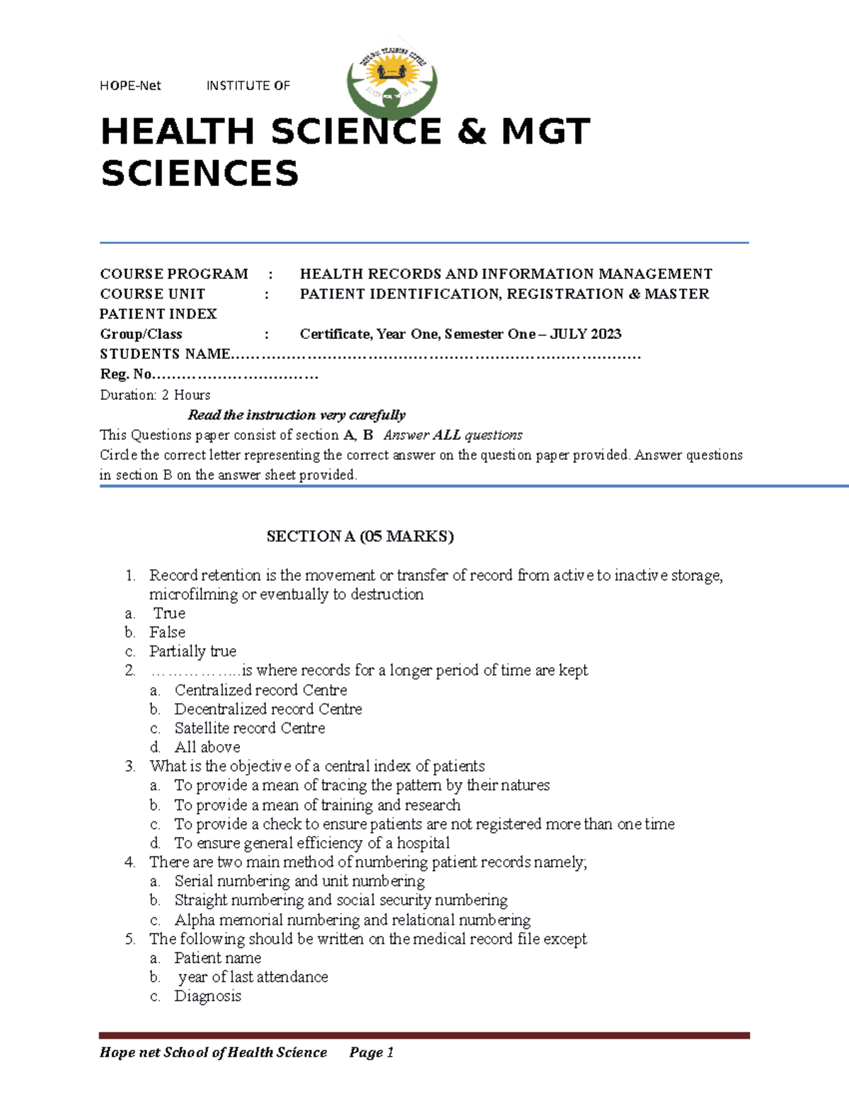 PT Identification -2023- Exams yr 1 - HOPE-Net INSTITUTE OF HEALTH ...