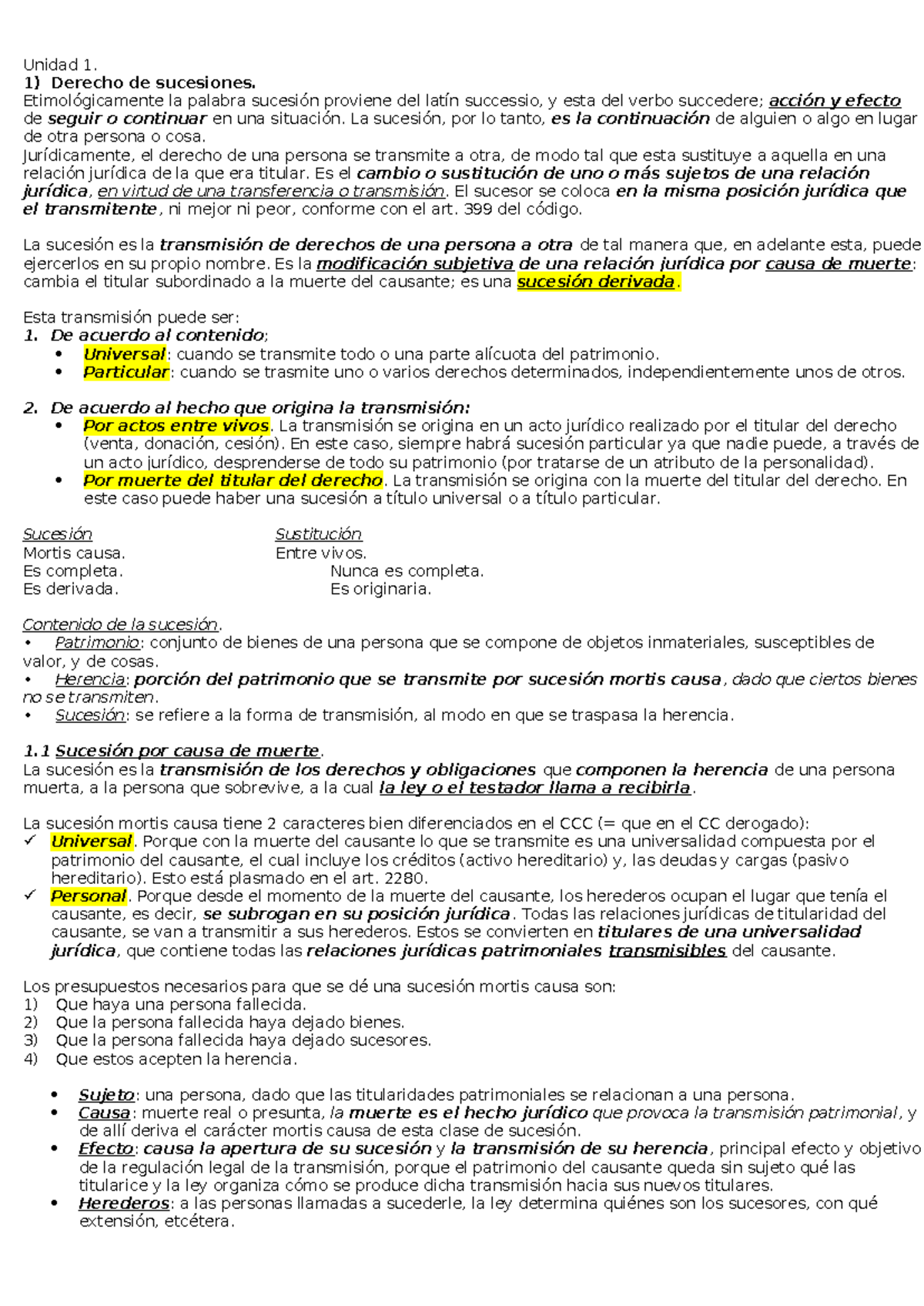 Sucesiones - Unidad 1. Derecho de sucesiones. Etimológicamente la ...