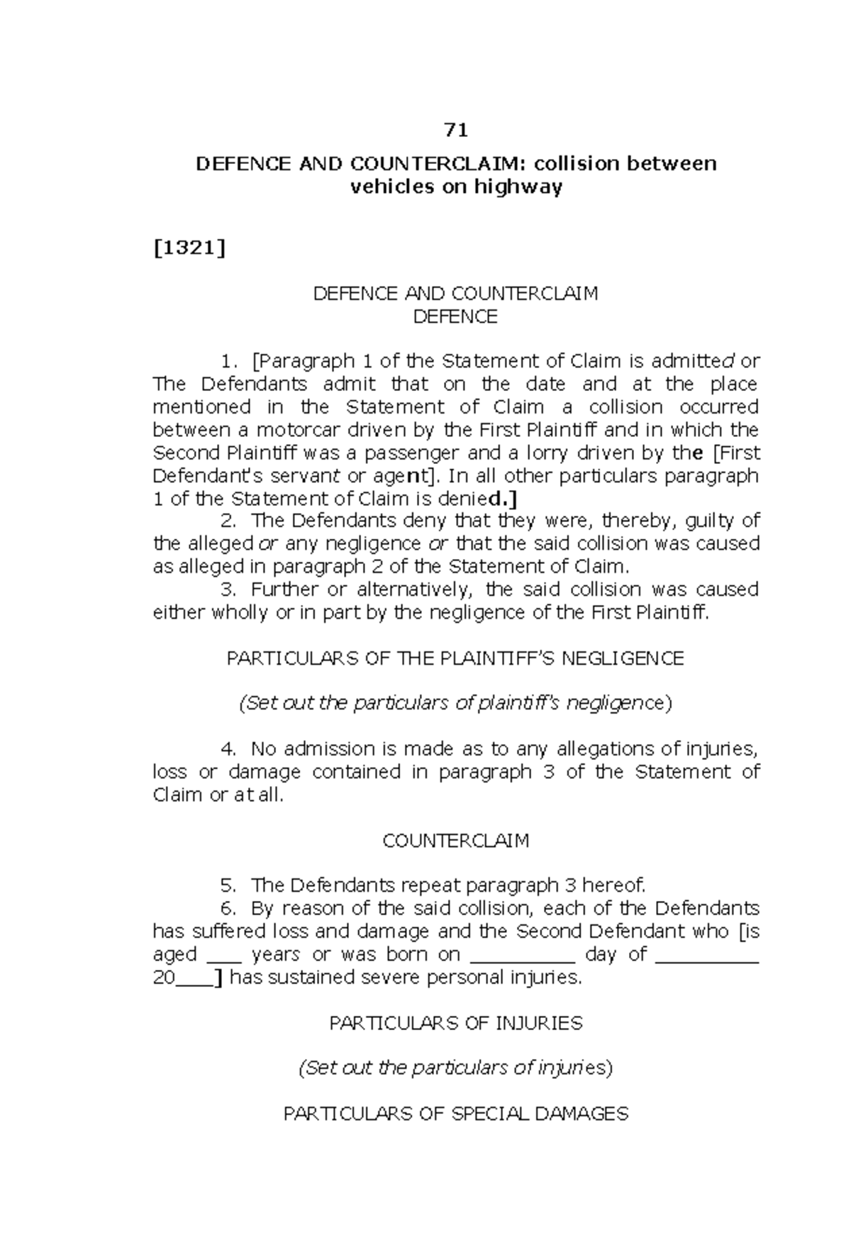 71 Defence AND Counterclaim collision between vehicles on highway - 71 ...