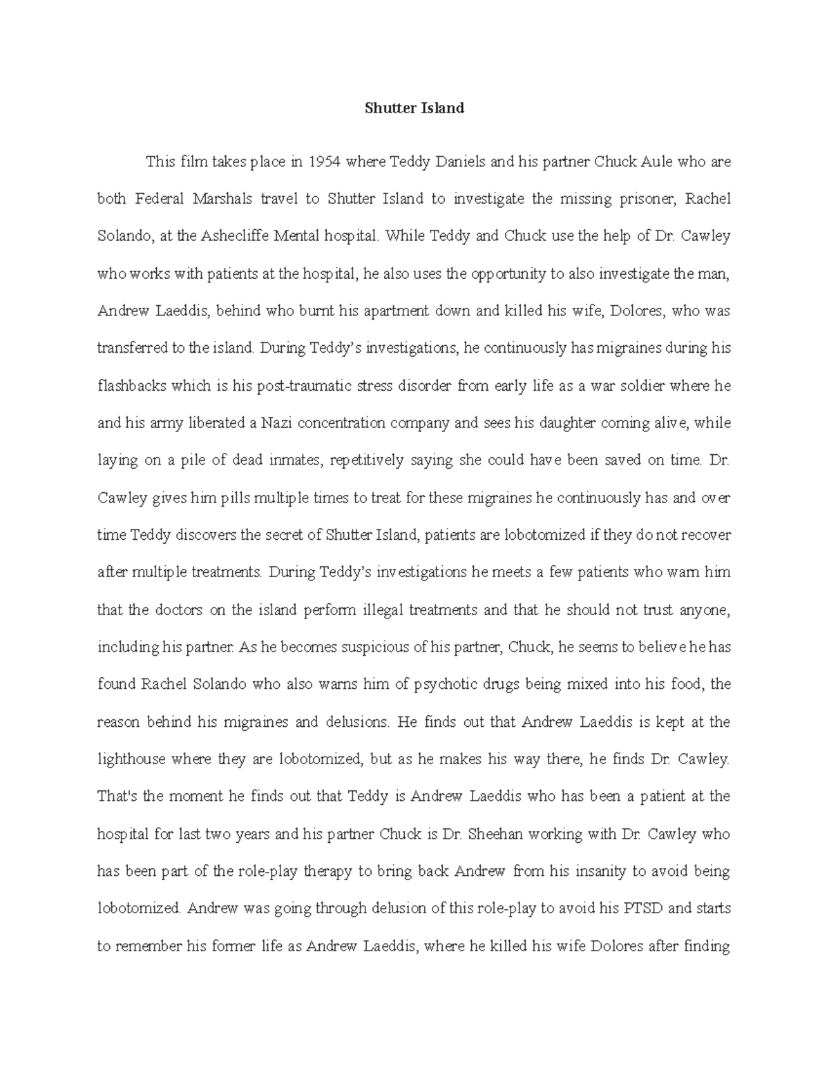 Shutter Island - notes - Shutter Island This film takes place in 1954 ...