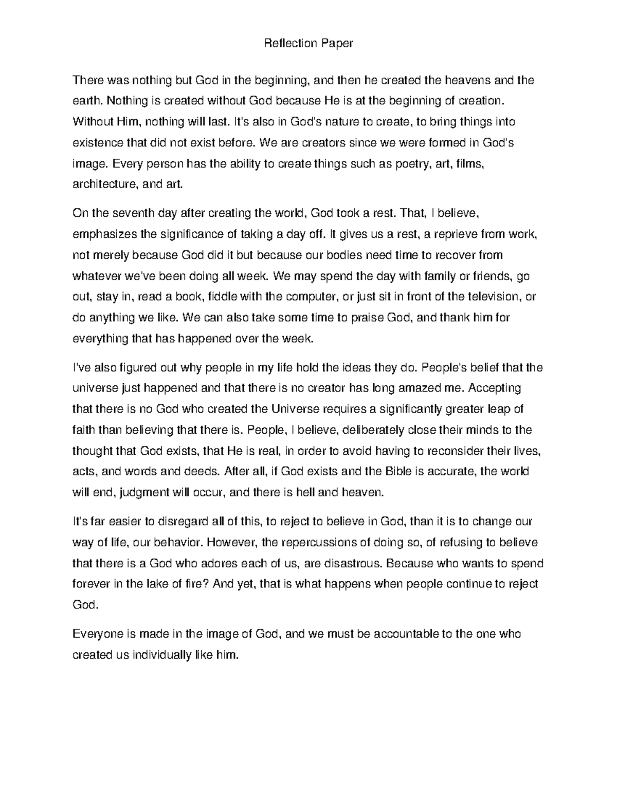 Reflection Paper on theology assignment - Reflection Paper There was ...