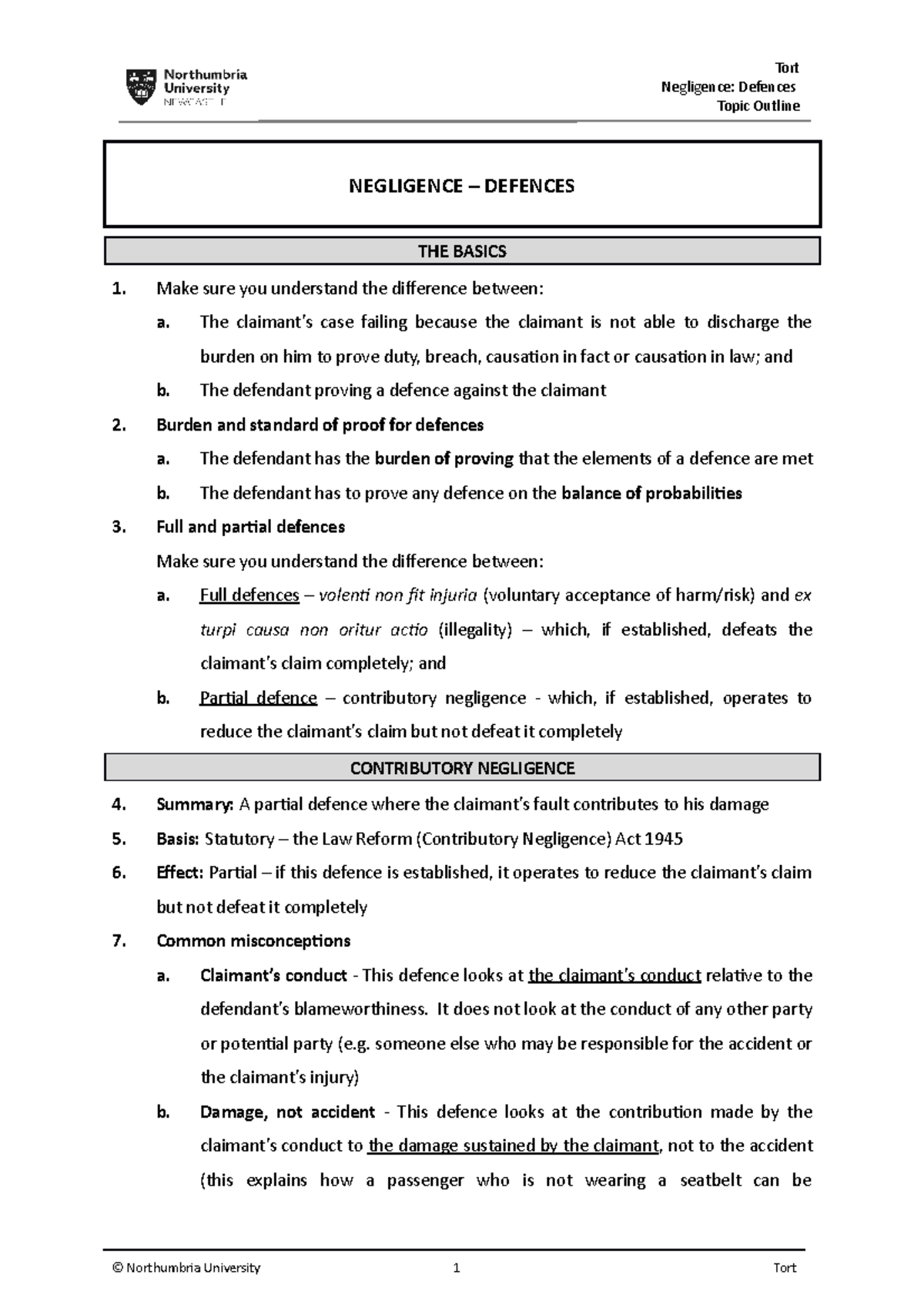 Negligence - Defences - Topic outline - NEGLIGENCE – DEFENCES THE ...