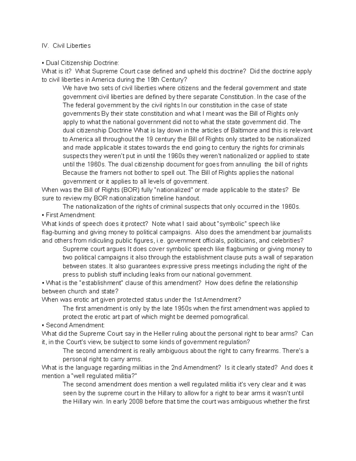 PLSI Civil Liberties - Exam one study guide - IV. Civil Liberties Dual ...