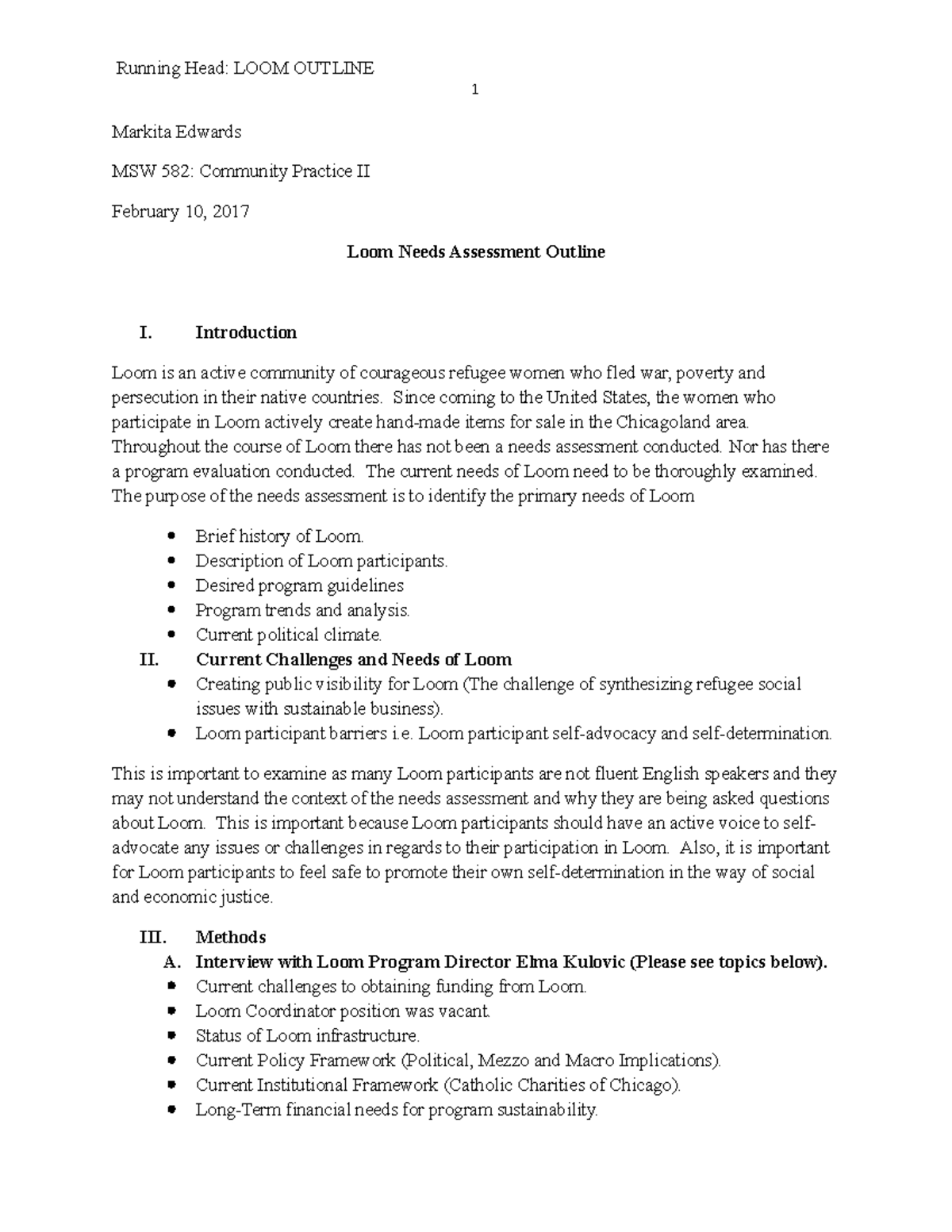 Loom Needs Assessment Outline - Running Head: LOOM OUTLINE 1 Markita ...
