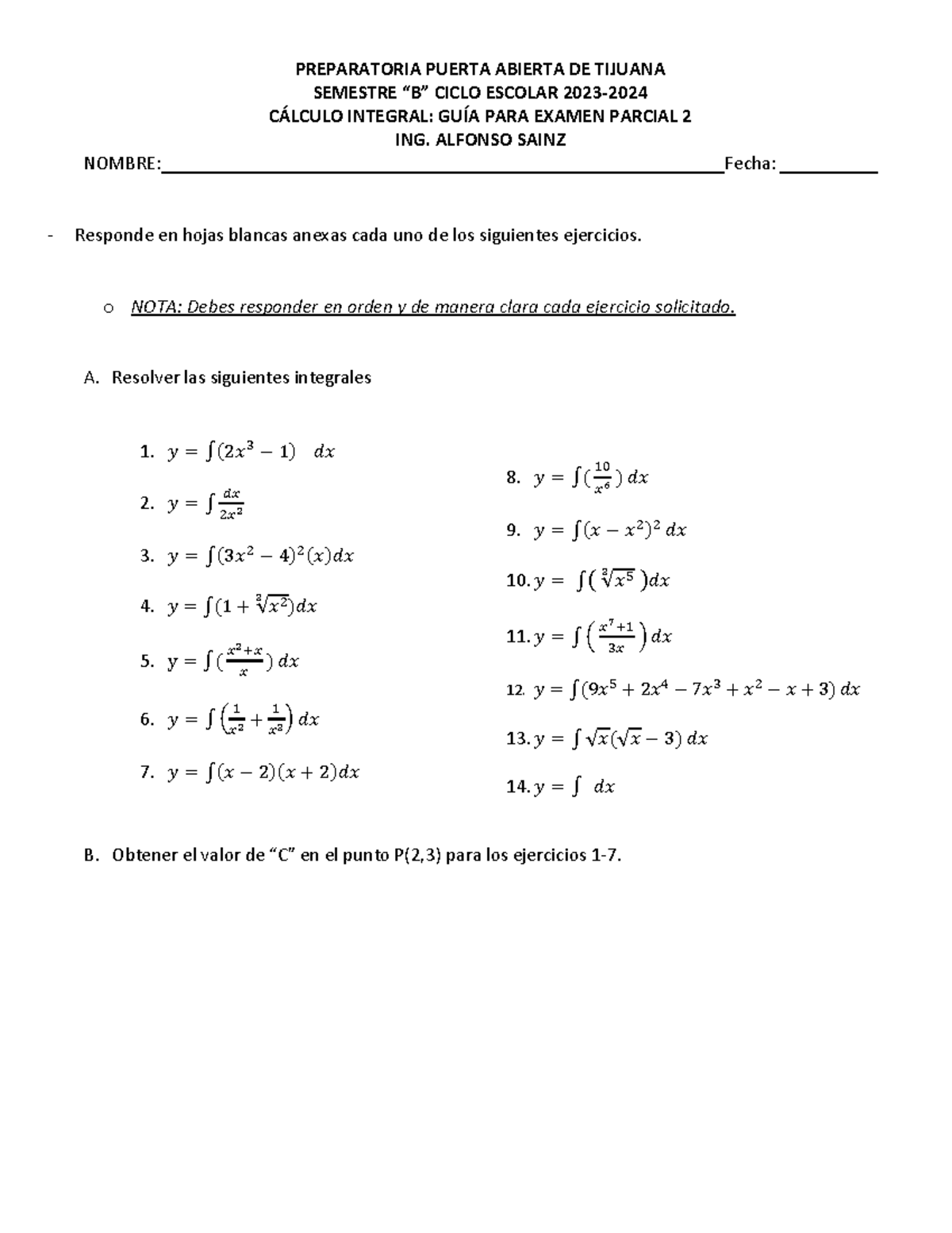 Calculo integral (guía para examen parcial 2 -2024) - PREPARATORIA ...