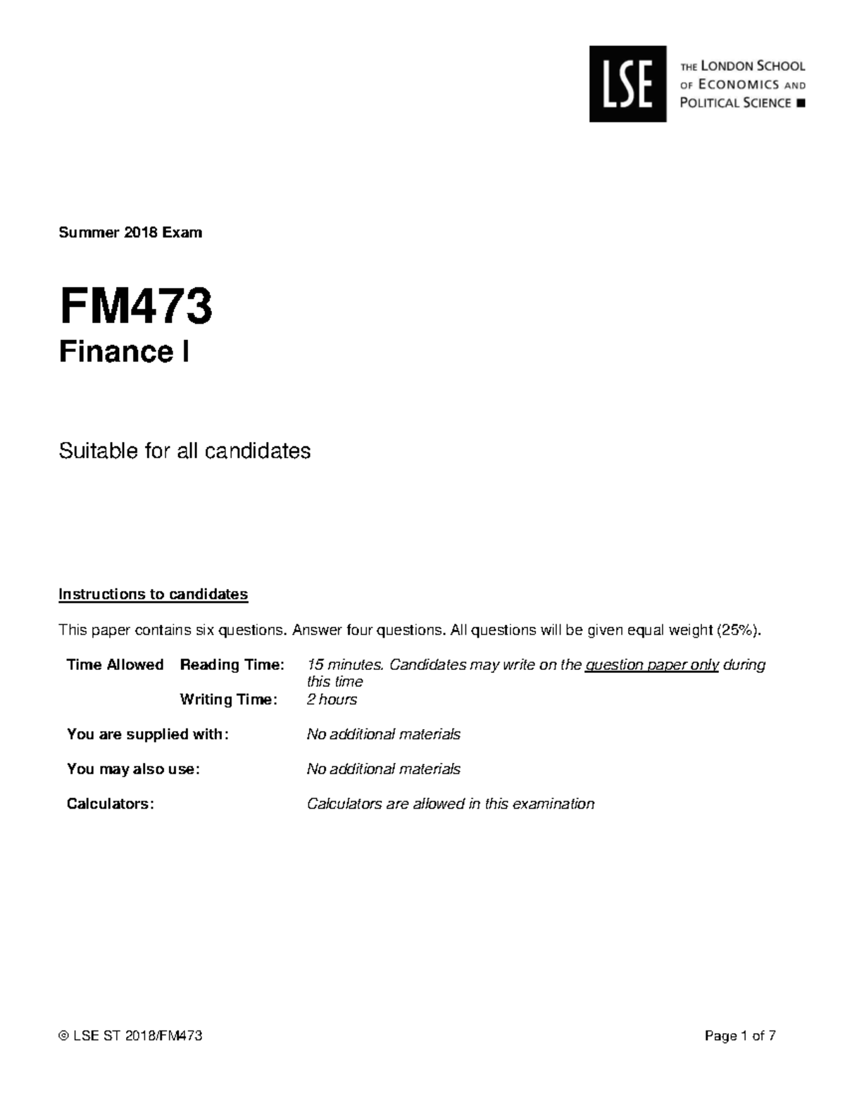 FM473 2018 - LECTURE NOTES FROM PROF - LSE ST 2018/FM473 Page 1 of 7 ...