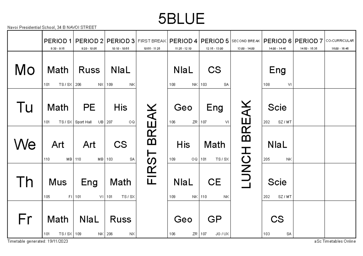 TERM 2 Class TTV4 2023-24 - 5BLUE FIRST BREAK LUNCH BREAK PERIOD 1 8:30 ...