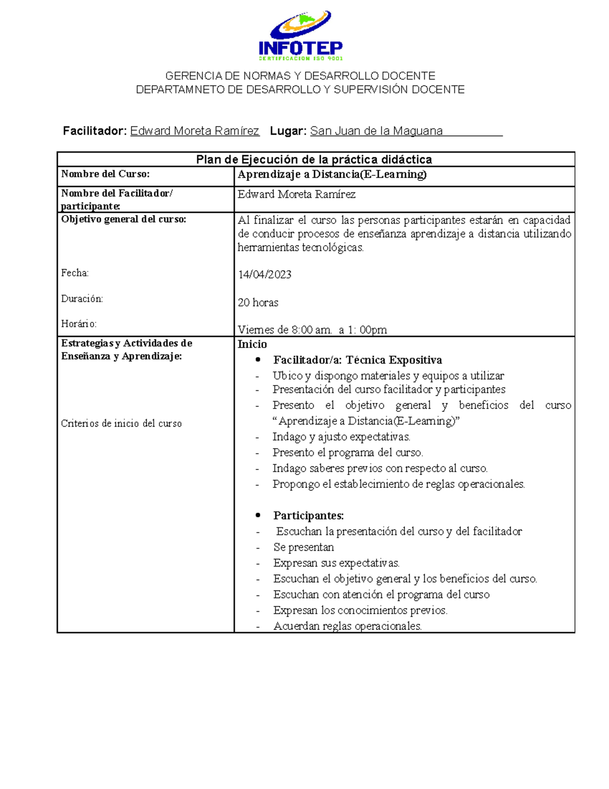 PLAN DE Ejecucion DE LA Practica Didactica Edward Moreta - GERENCIA DE ...