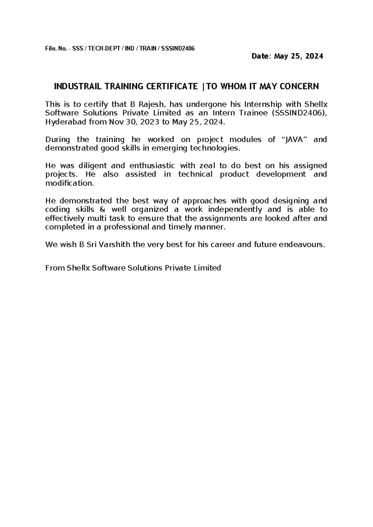 Sample CERT - File. No. - SSS / TECH-DEPT / IND / TRAIN / SSSIND Date ...