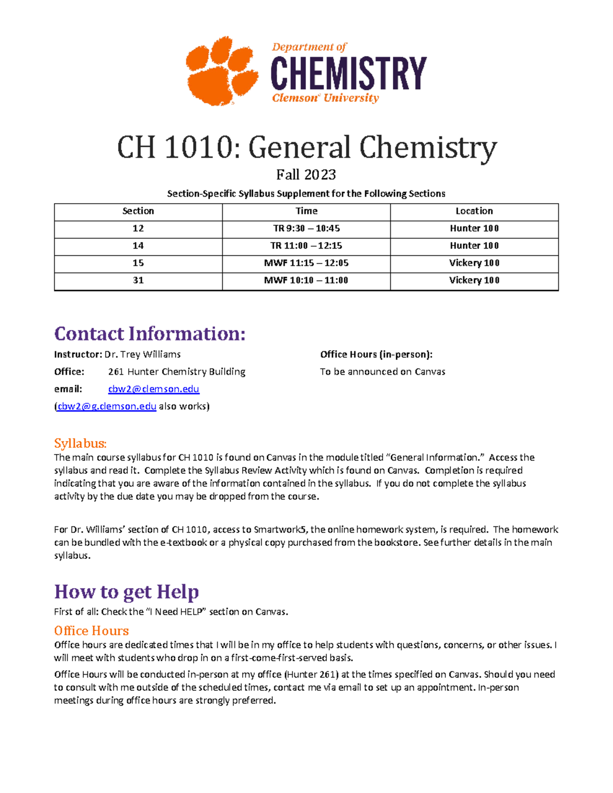 Section Syllabus Williams CH 101 0 Fall 2023 - CH 1010: General ...