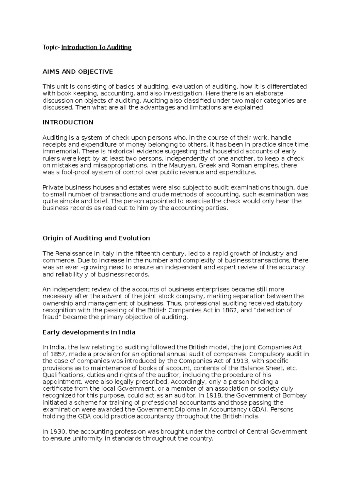 Topic- Introduction To Auditing - Here there is an elaborate discussion ...