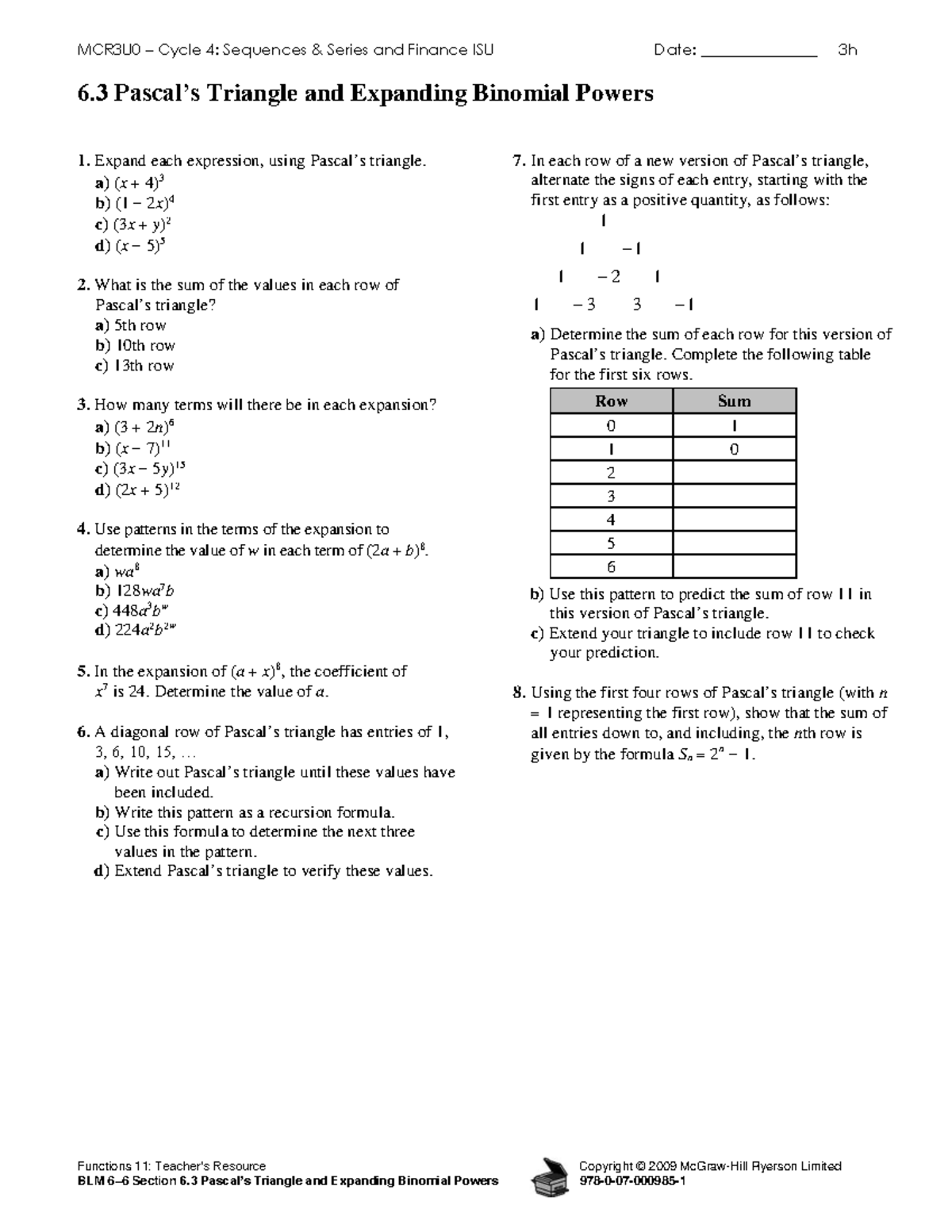C4 - 3h - Pascal’s Triangle Practice - MCR3U0 – Cycle 4: Sequences ...