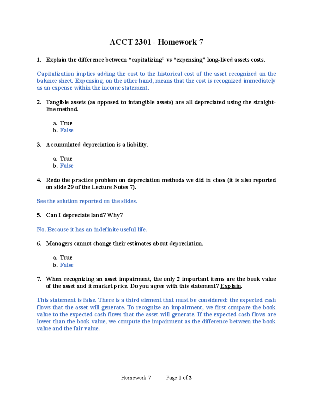 ACCT 2301 009 011 Hmwk#7 - Solutions - ACCT 2301 - Homework 7 Explain ...