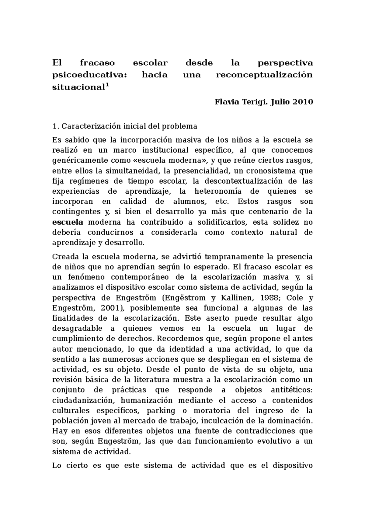 Fracaso Escolar Terigi 2010 - El Fracaso Escolar El fracaso escolar desde la perspectiva - Studocu