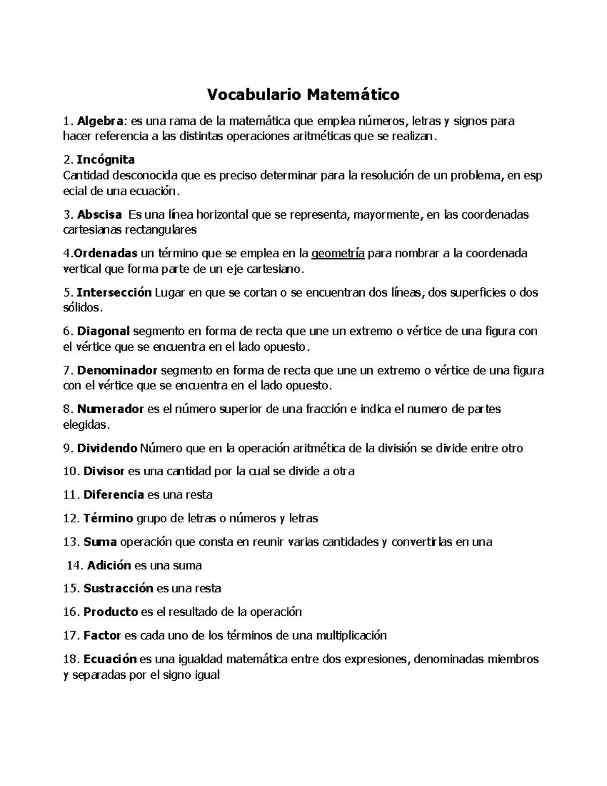 Vocabulario quimico - Vocabulario Matemático Algebra : es una rama de ...