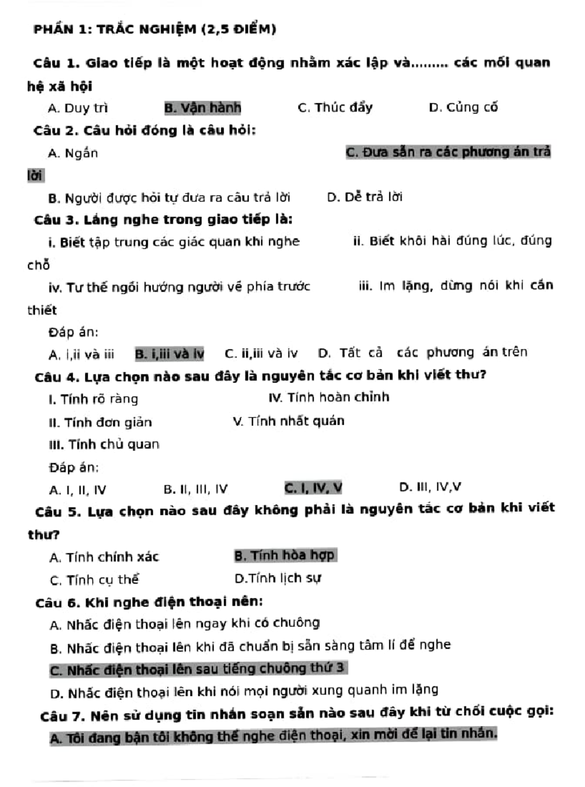 đề thi gttkd 1 - đề thi giao tiếp trong kinh doanh - PH ̈N 1: TR®C NGHIÆM (2,5 DIÂM) ####### câu ...