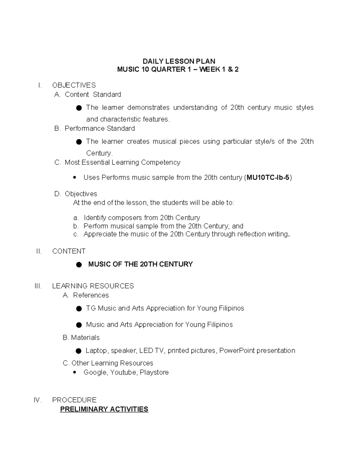 Music G10- WEEK 1 LP - DAILY LESSON PLAN MUSIC 10 QUARTER 1 – WEEK 1 ...