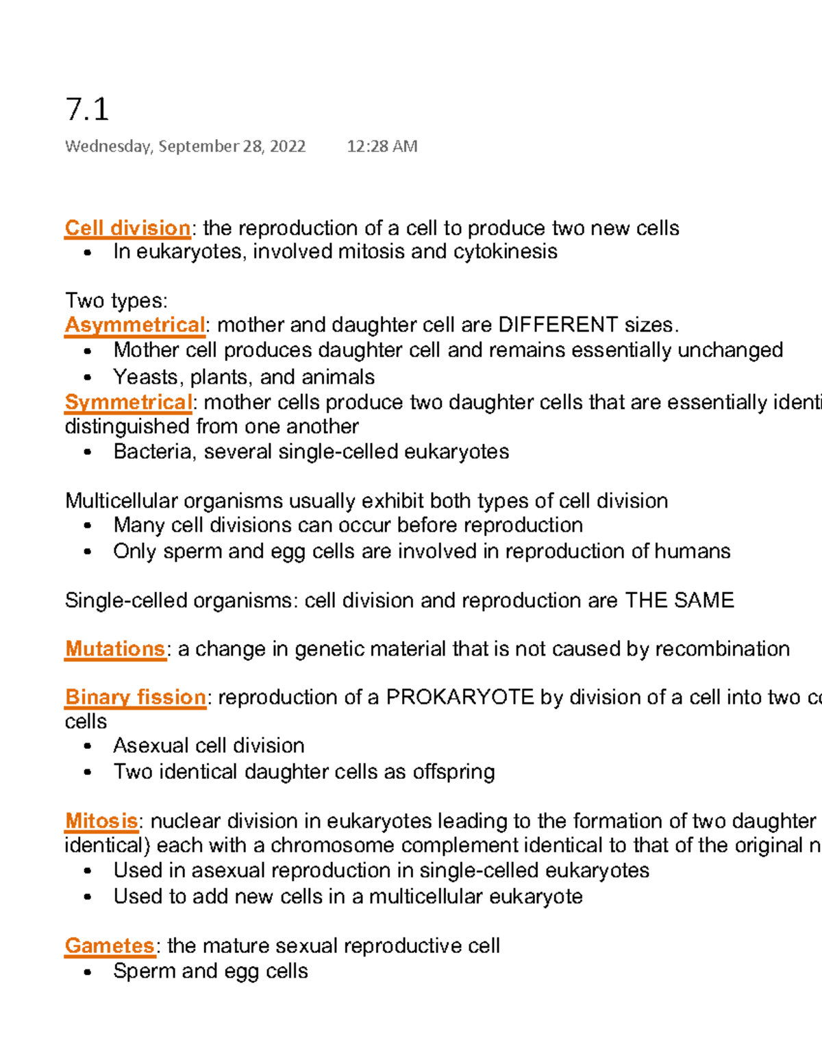 7 - Chapter 7.1 Reading notes - Cell division: the reproduction of a ...