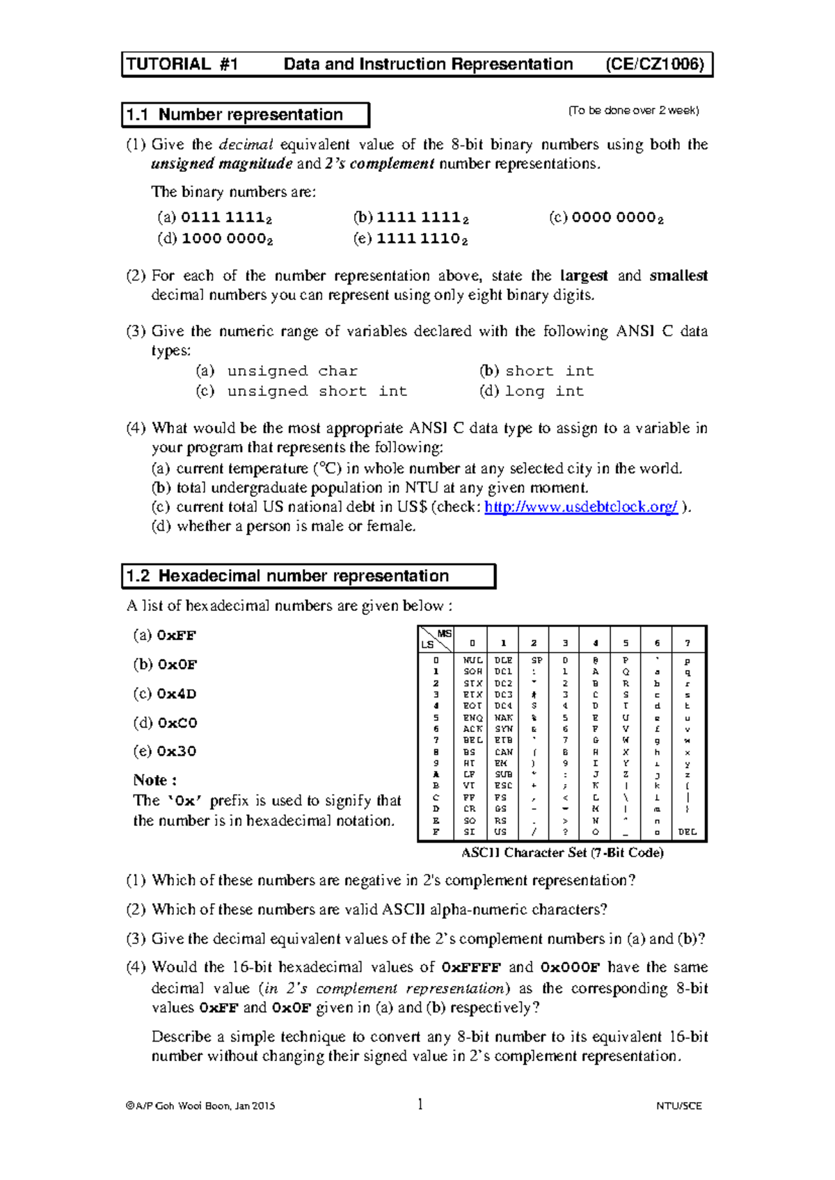 Cx1006 - Tutorial 1 Handout - TUTORIAL #1 Data and Instruction Representation (CE/CZ1006) A/P ...