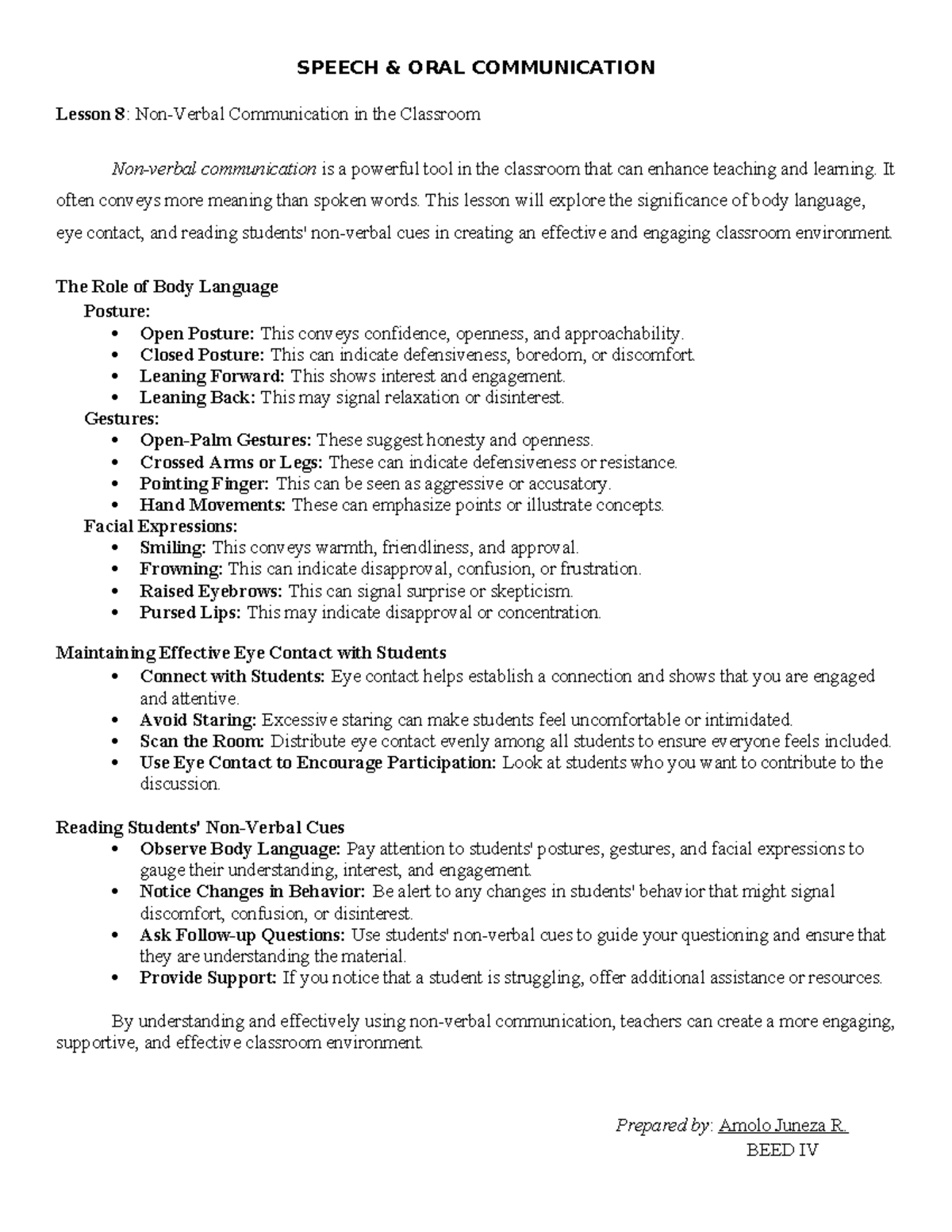 Non-verbal Communication in the Classroom - SPEECH & ORAL COMMUNICATION ...