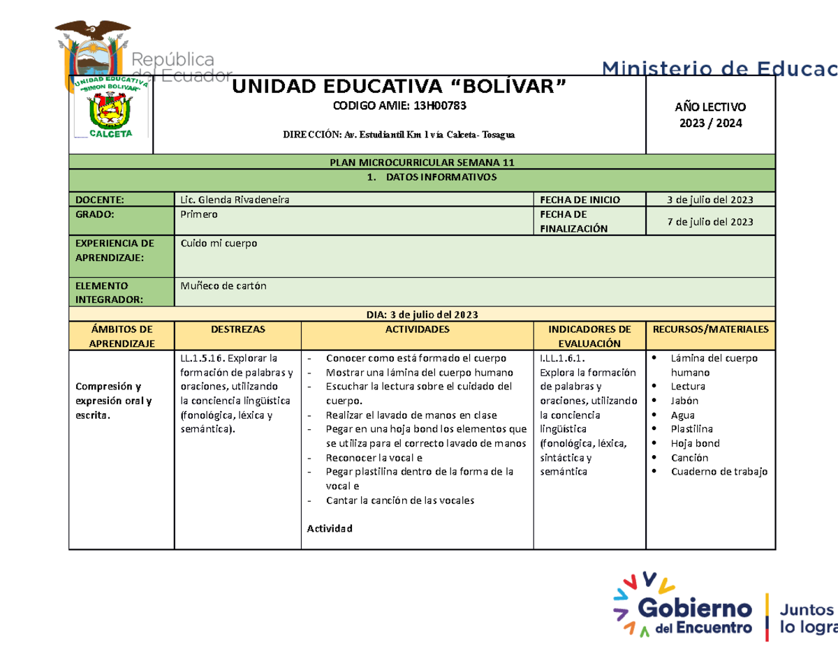 Planificacion Semana 11 Preparatoria - UNIDAD EDUCATIVA “BOLÍVAR ...