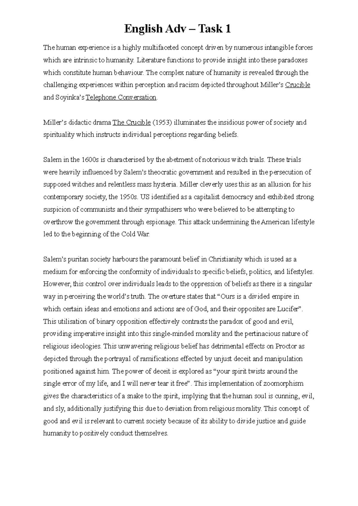 English adv - m hk - English Adv – Task 1 The human experience is a ...