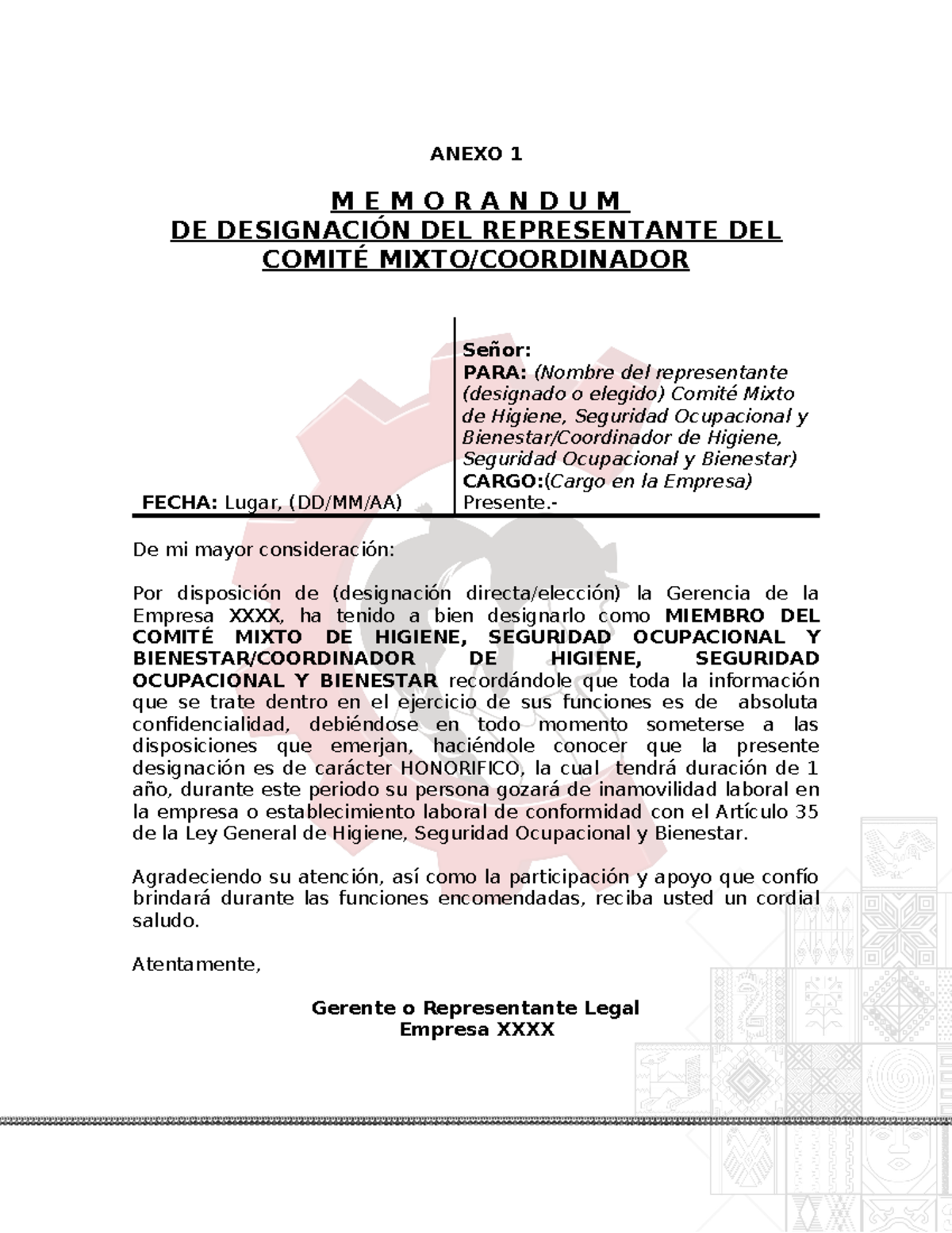 Formato-DE- Informes- Memorandum-ACTA-DE- Constitucion - ANEXO 1 M E M O R A N D U M DE ...