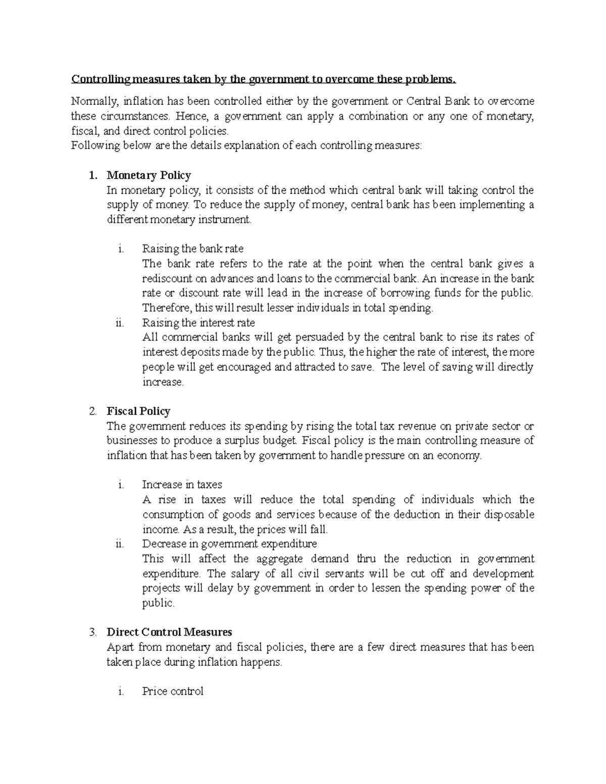 Controlling measures taken by the government to overcome these problems ...