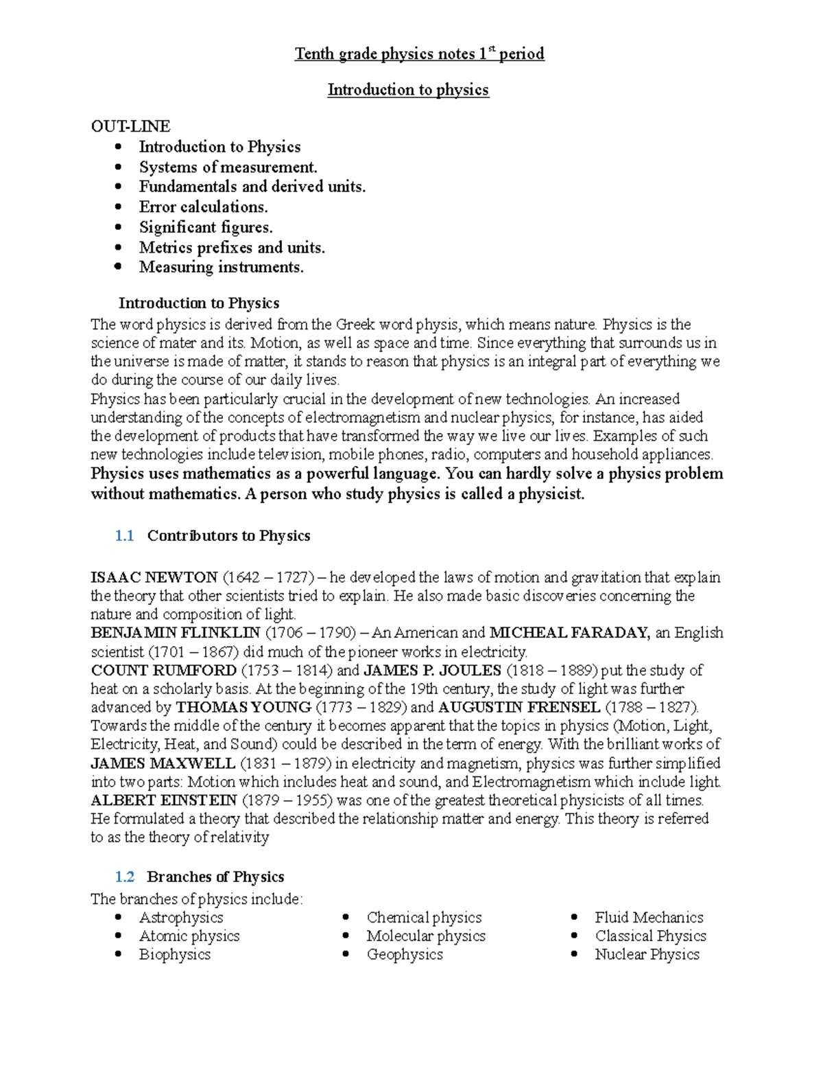 10th grade Notes - semester one - Tenth grade physics notes 1 st period ...
