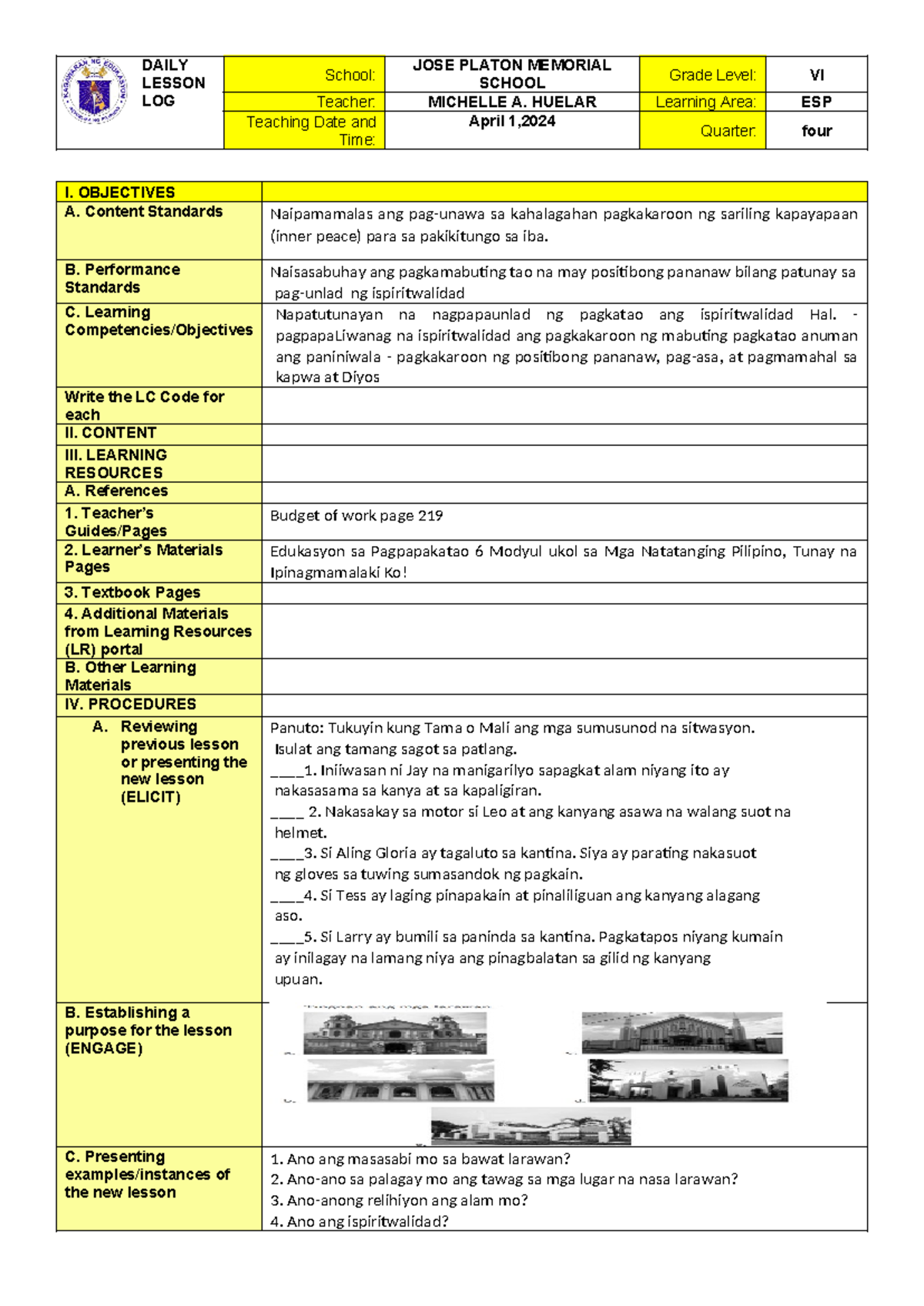 ESP Q4W 1 - DAILY LESSON LOG School: JOSE PLATON MEMORIAL SCHOOL Grade ...
