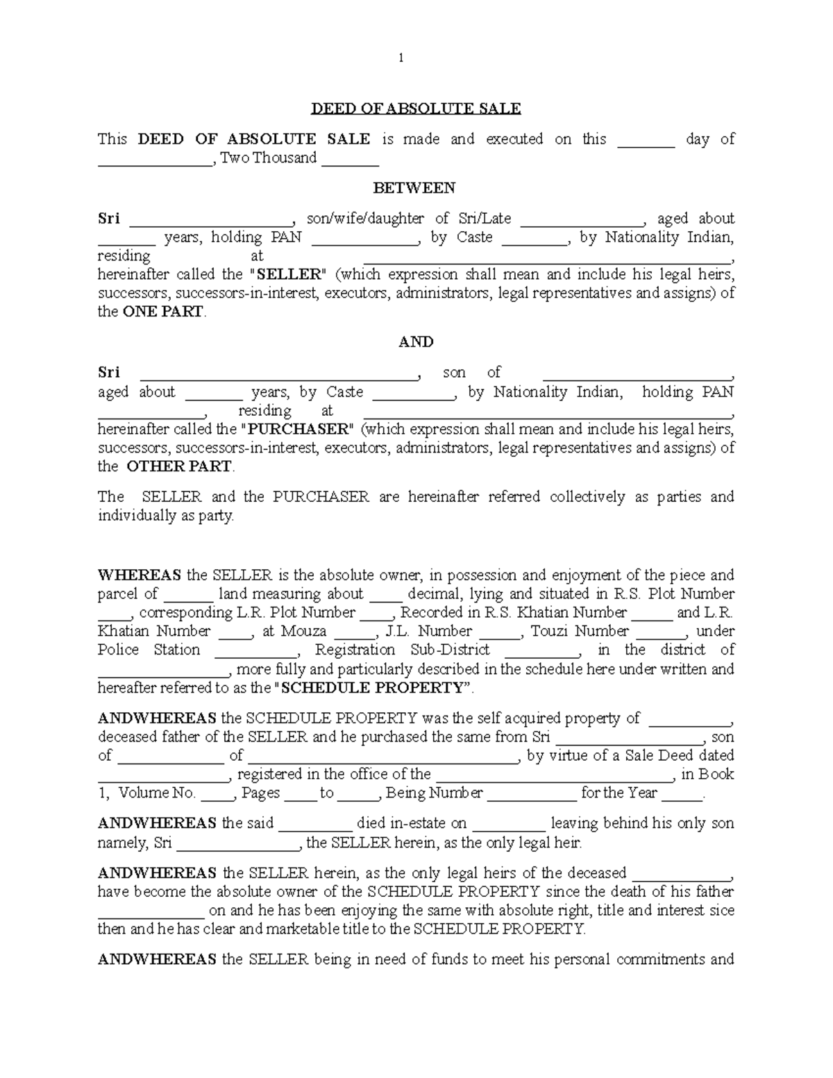 Model Sale Deed - DEED OF ABSOLUTE SALE This DEED OF ABSOLUTE SALE is made and executed on this ...