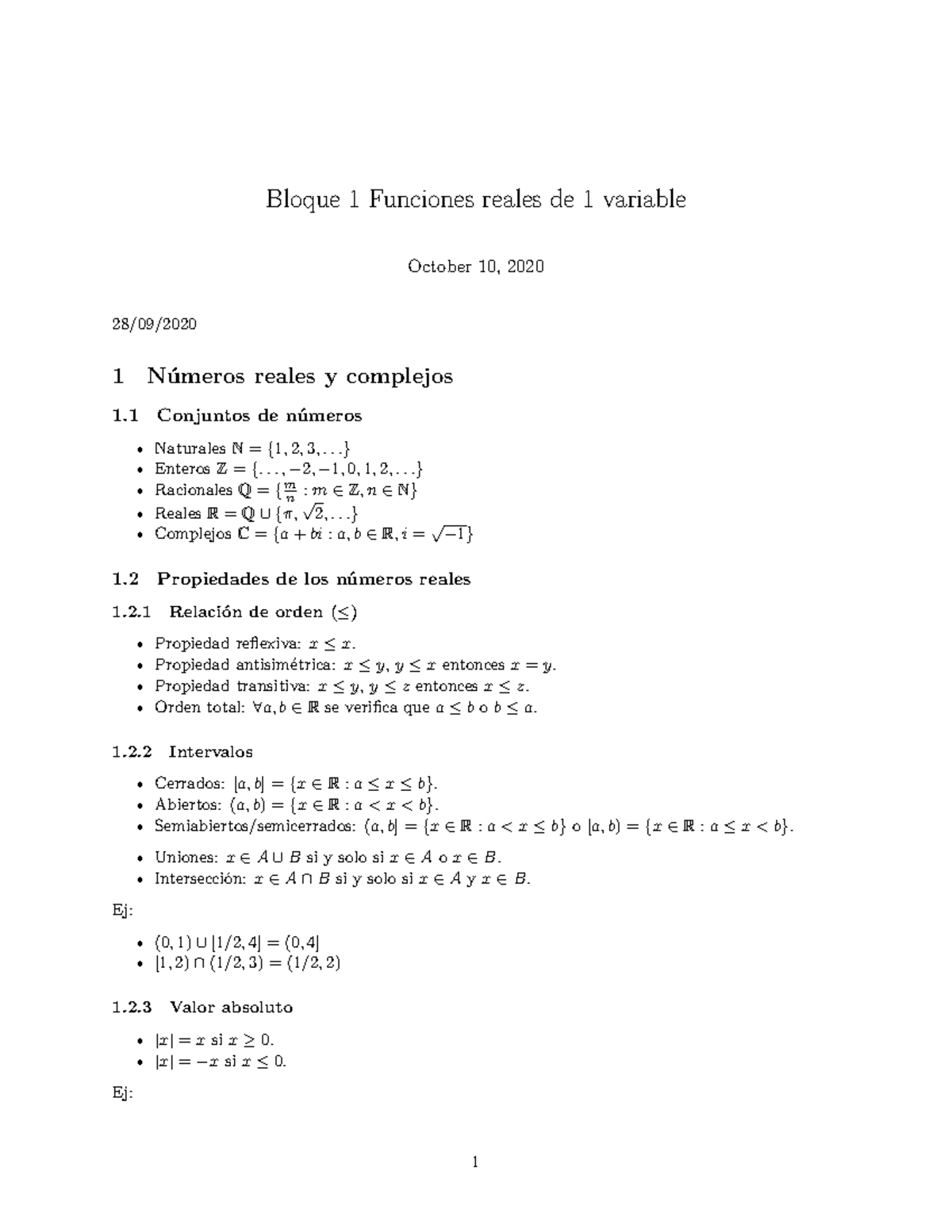 Bloque 1 Funciones reales de 1 variable - Bloque 1 Funciones reales de 1 variable October 10 ...
